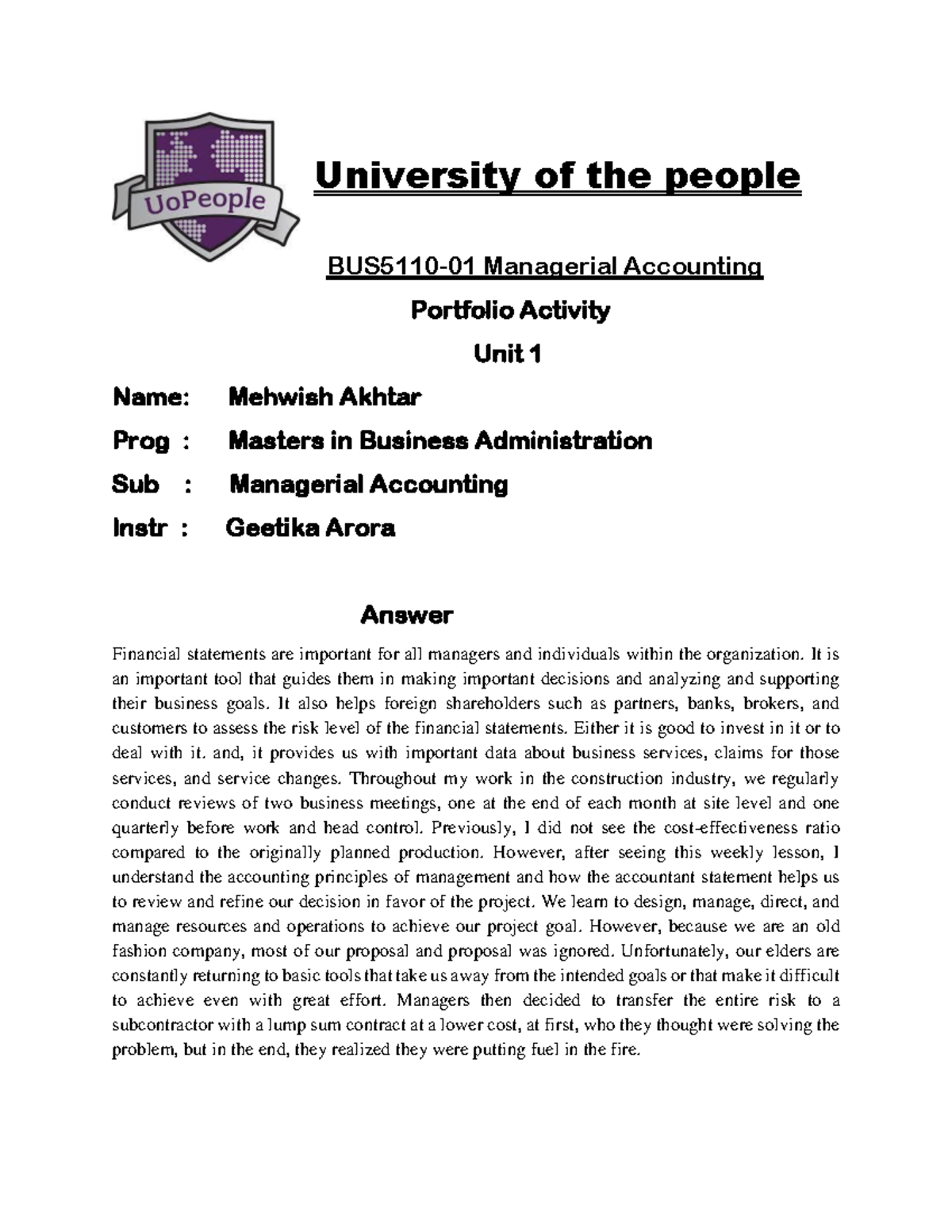 Managerial accounting - University of the people BUS5110-01 Managerial Accounting Portfolio ...