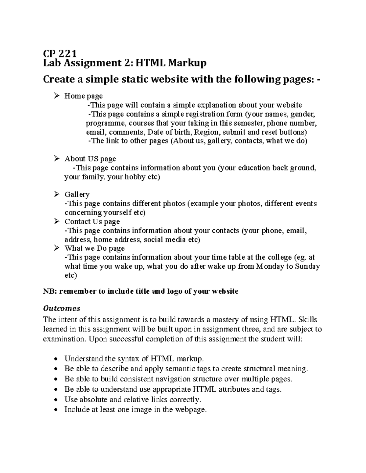 LAB TWO - Lecture notes 1 - CP 221 Lab Assignment 2: HTML Markup Create ...