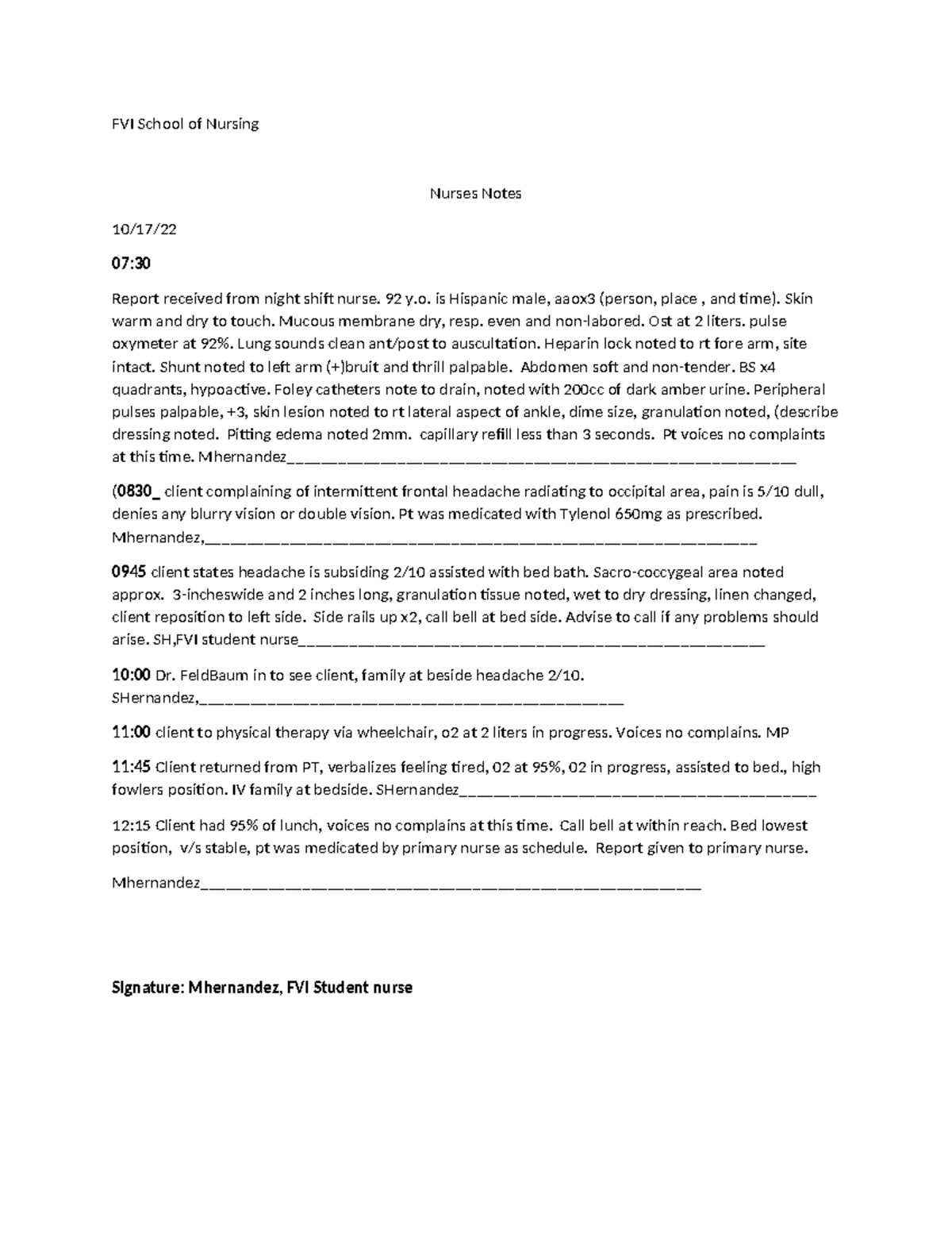 Nurses notes sample 2 - FVI School of Nursing Nurses Notes 10/17/ 07 ...