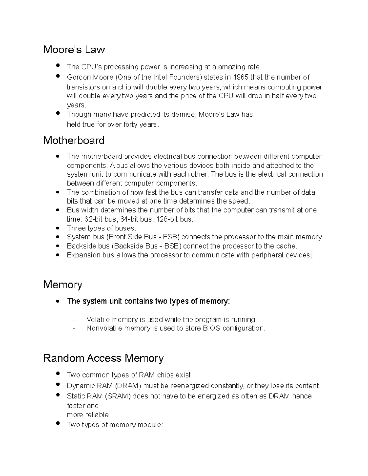 CS 3 CHAP 2 DOCX 2 - Chapter 2 notes - Moore’s Law The CPU’s processing ...