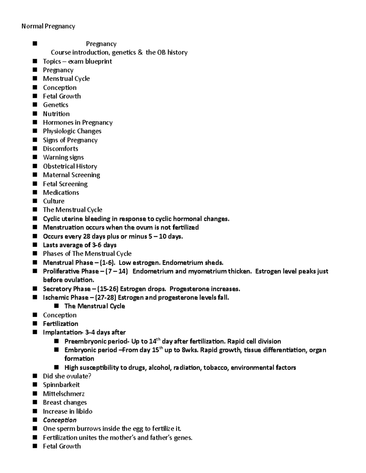 Normal Pregnancy - NUR1421 notes OB Broward. - Normal Pregnancy n ...