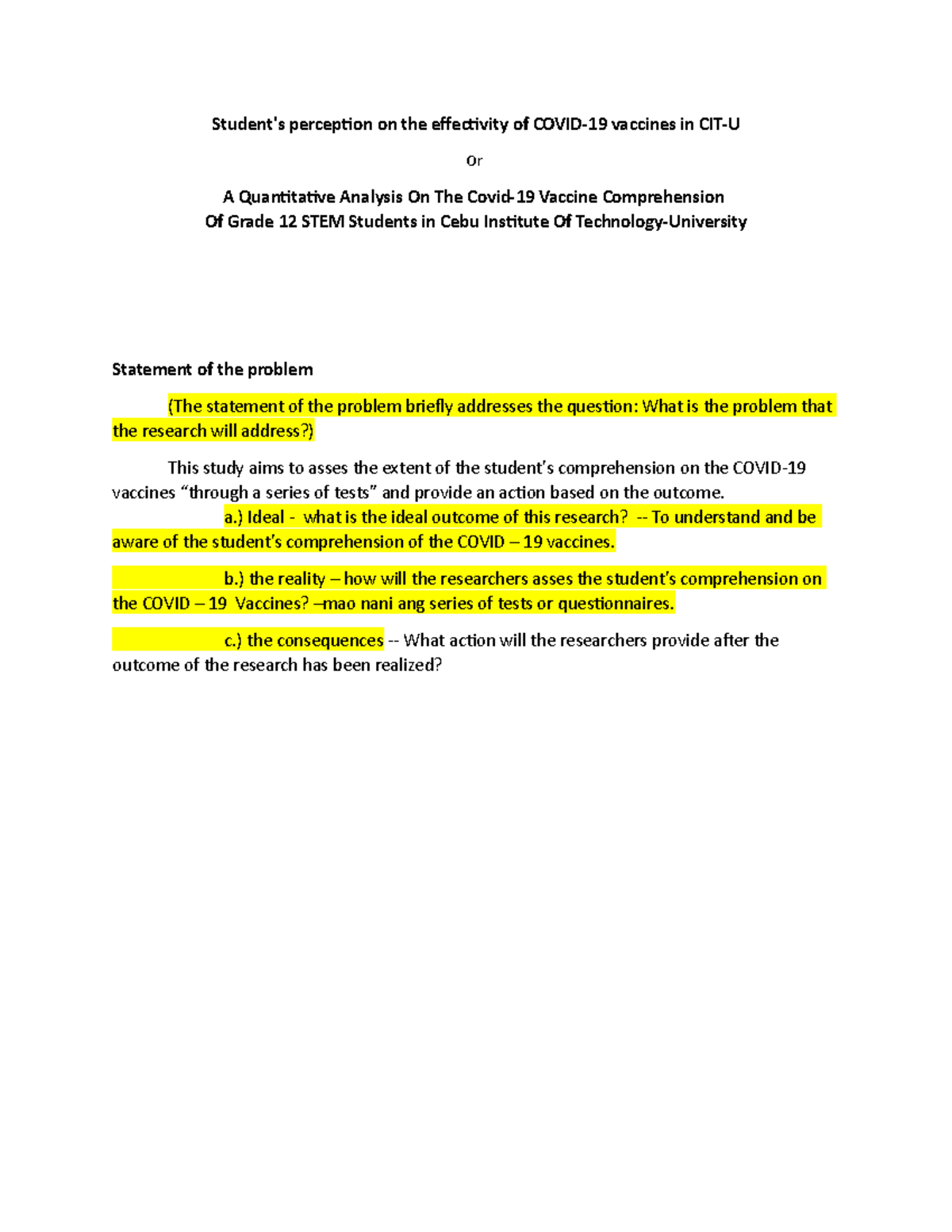 Research 3 - Statement of the Problem - Student's perception on the ...