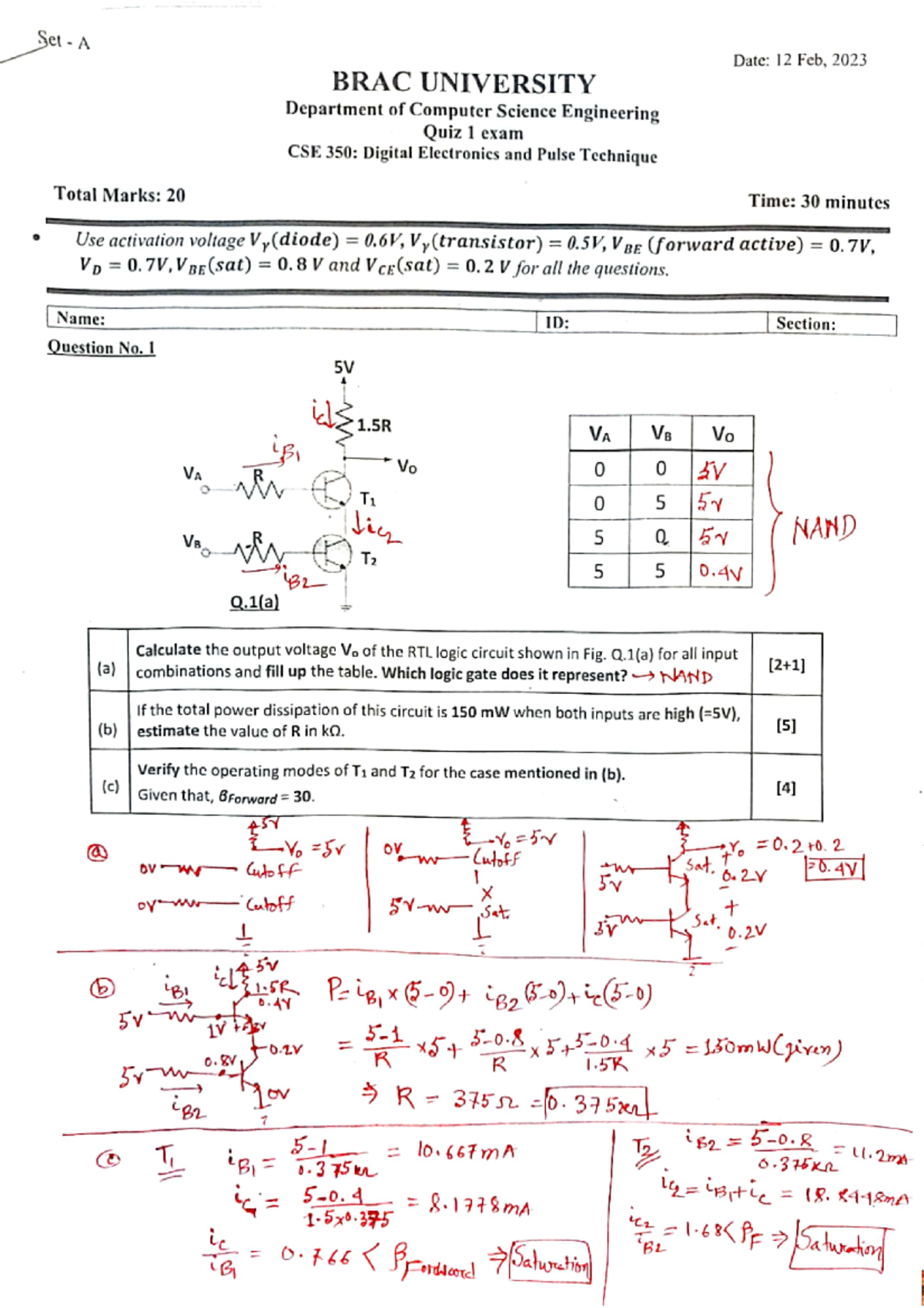 CSE350 Quiz 1 Solution - Diode Logic , RTL inverter ( noise margin, fanout and power dissipation ...