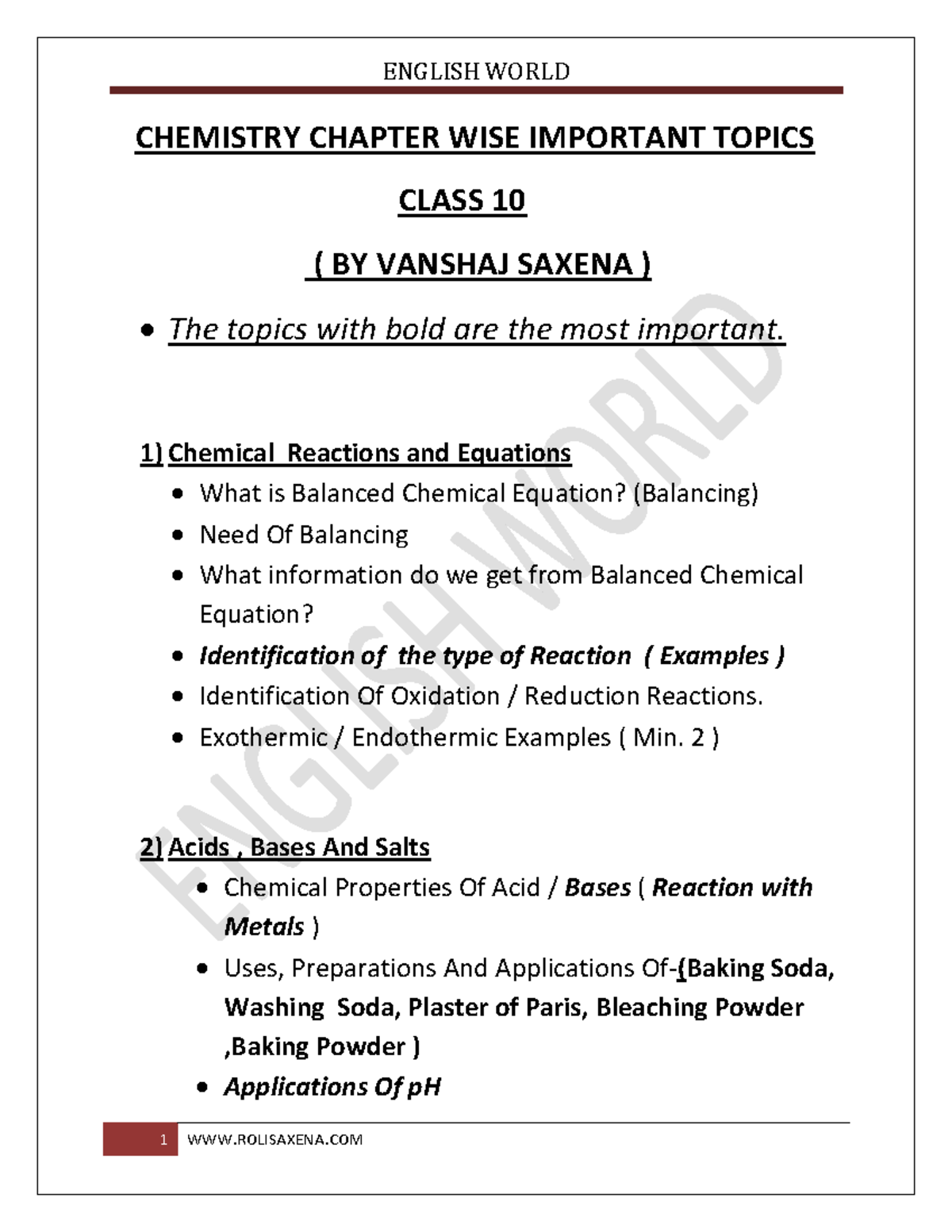 Chemistry Important Topics - ENGLISH WORLD 1 WWW.ROLISAXENA CHEMISTRY ...