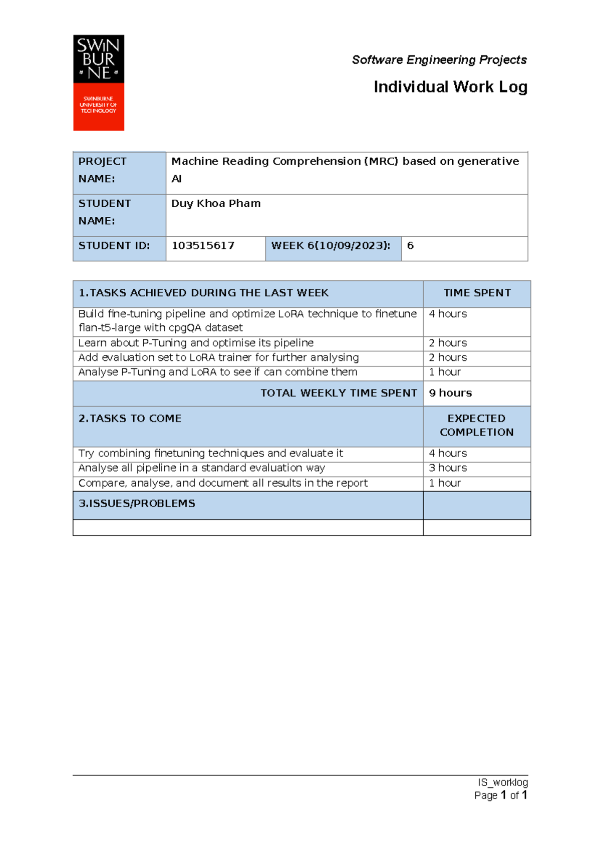 IS Worklog Week 6 - Software Engineering Projects Individual Work Log ...