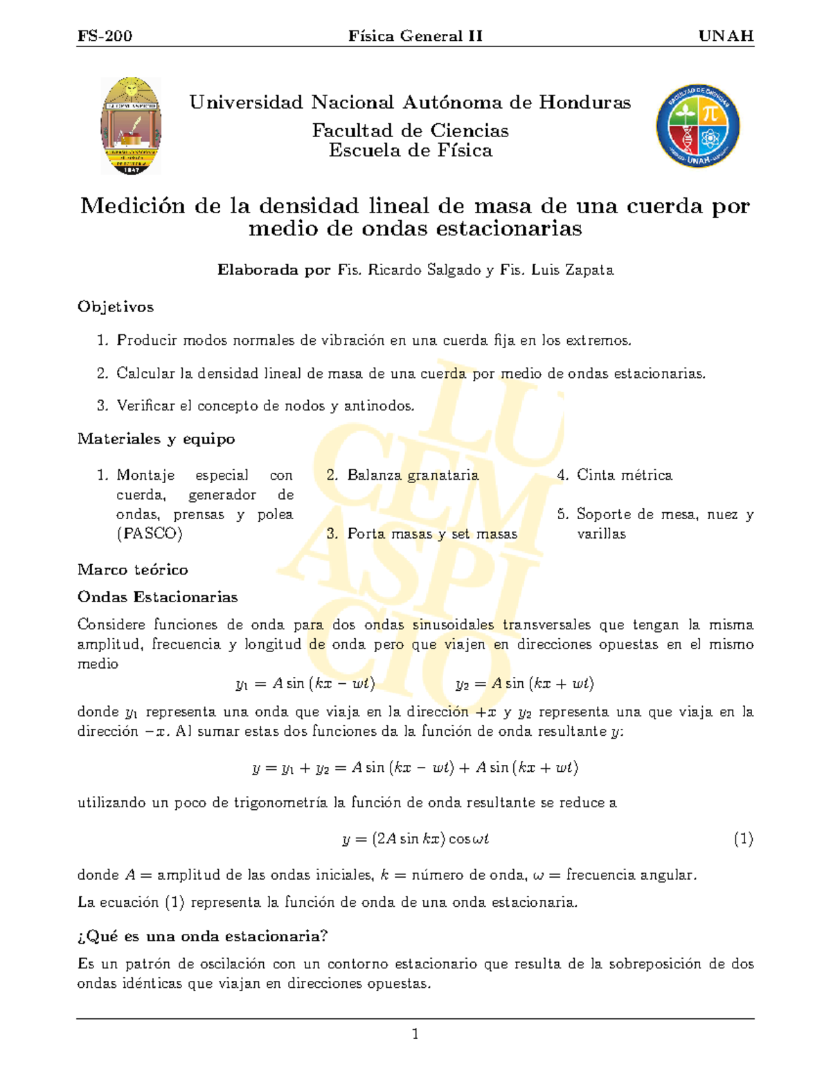 LAB. ondas - espero les sirva de ayuda - Universidad Nacional Aut ́onoma de Honduras Facultad de ...