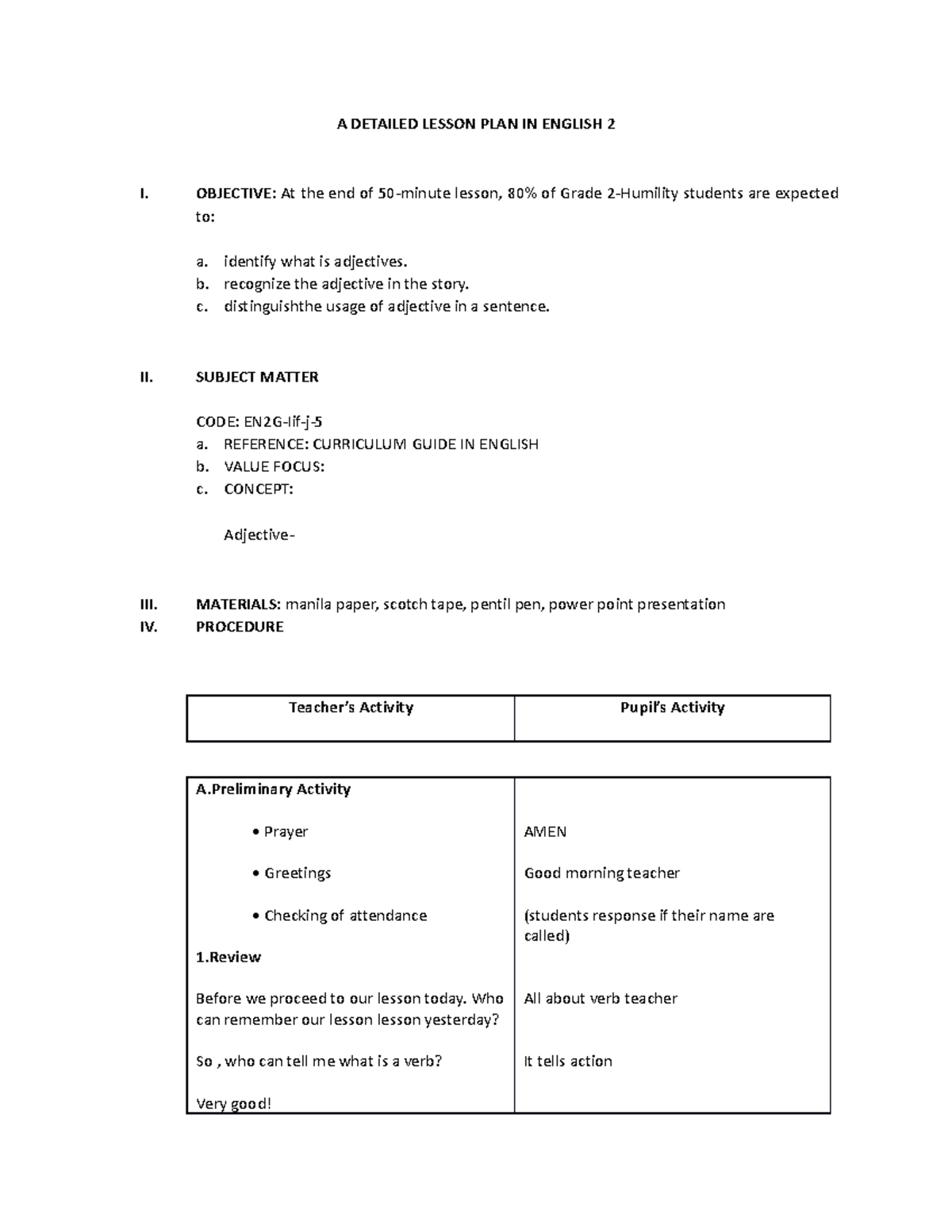 A Detailed Lesson PLAN IN English 2 - A DETAILED LESSON PLAN IN ENGLISH ...