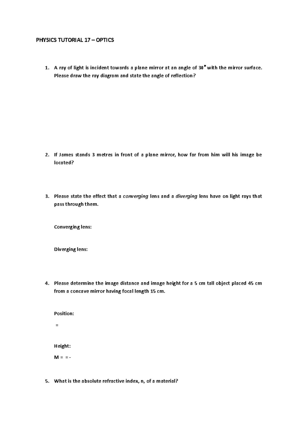 Tutorial 17 - Optics Questions(1) - PHYSICS TUTORIAL 17 – OPTICS A ray ...