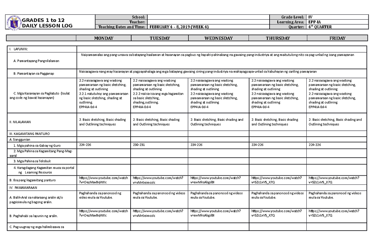 DLL EPP 4 Q4 W4 - daily lesson log - GRADES 1 to 12 DAILY LESSON LOG ...