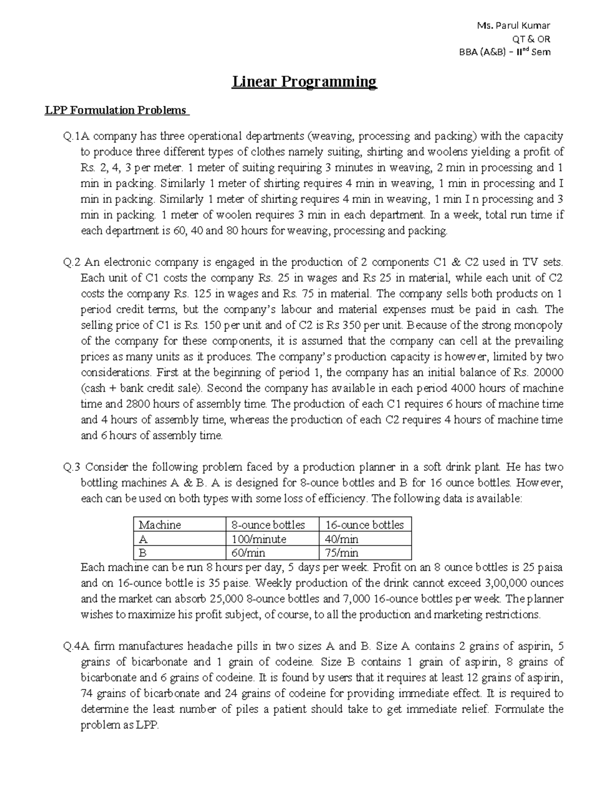 Lpp Ques Dtb Qt And Or Bba Aandb Iind Sem Linear Programming Lpp