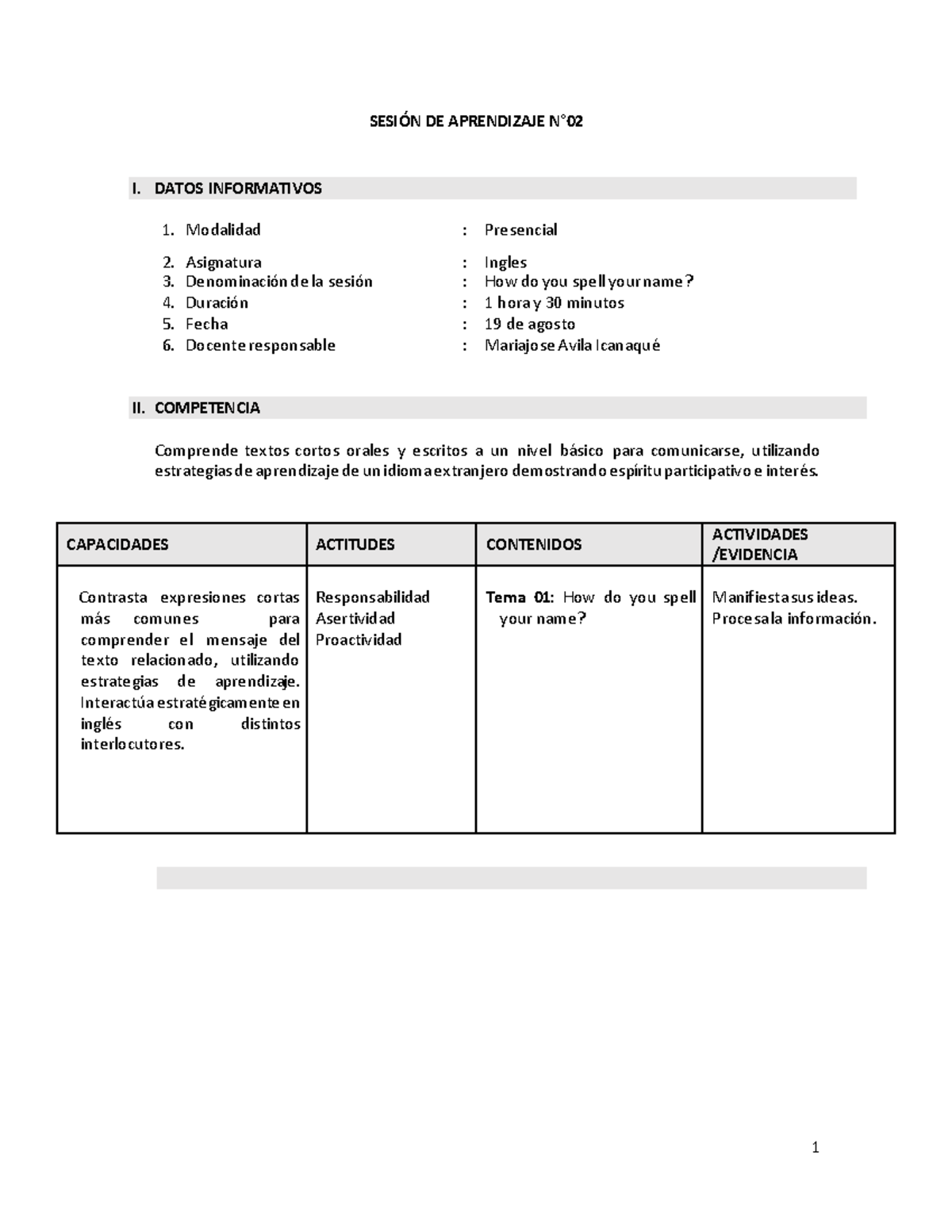 Session 2 - Taller DE Inglés - SESI”N DE APRENDIZAJE N∞ I. DATOS INFORMATIVOS Modalidad ...