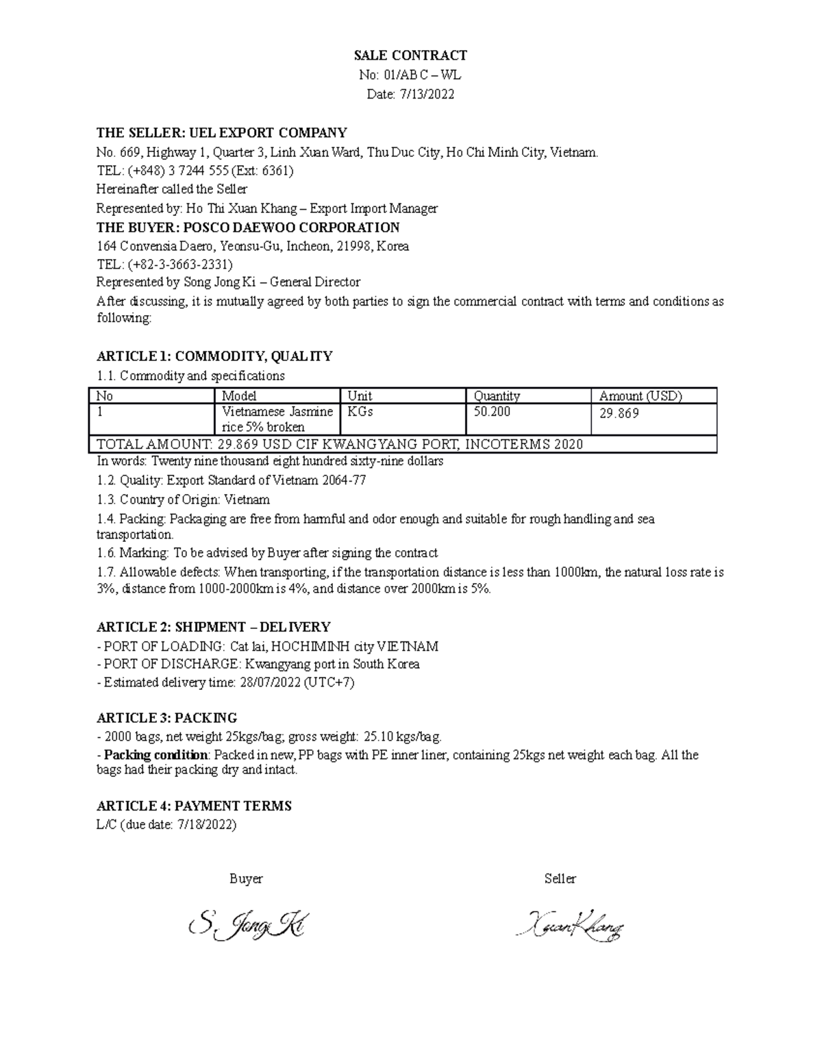 SALE Contract - SALE CONTRACT No: 01/ABC – WL Date: 7/13/ THE SELLER ...