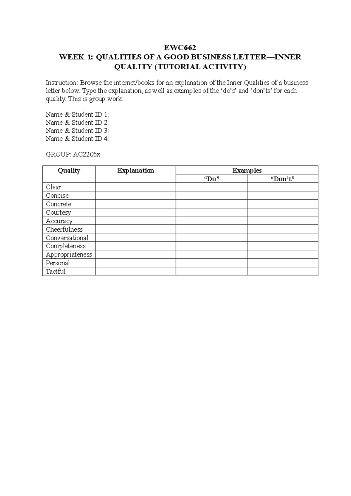 WEEK 1 tutorial - EWC WEEK 1: QUALITIES OF A GOOD BUSINESS LETTER—INNER QUALITY (TUTORIAL ...
