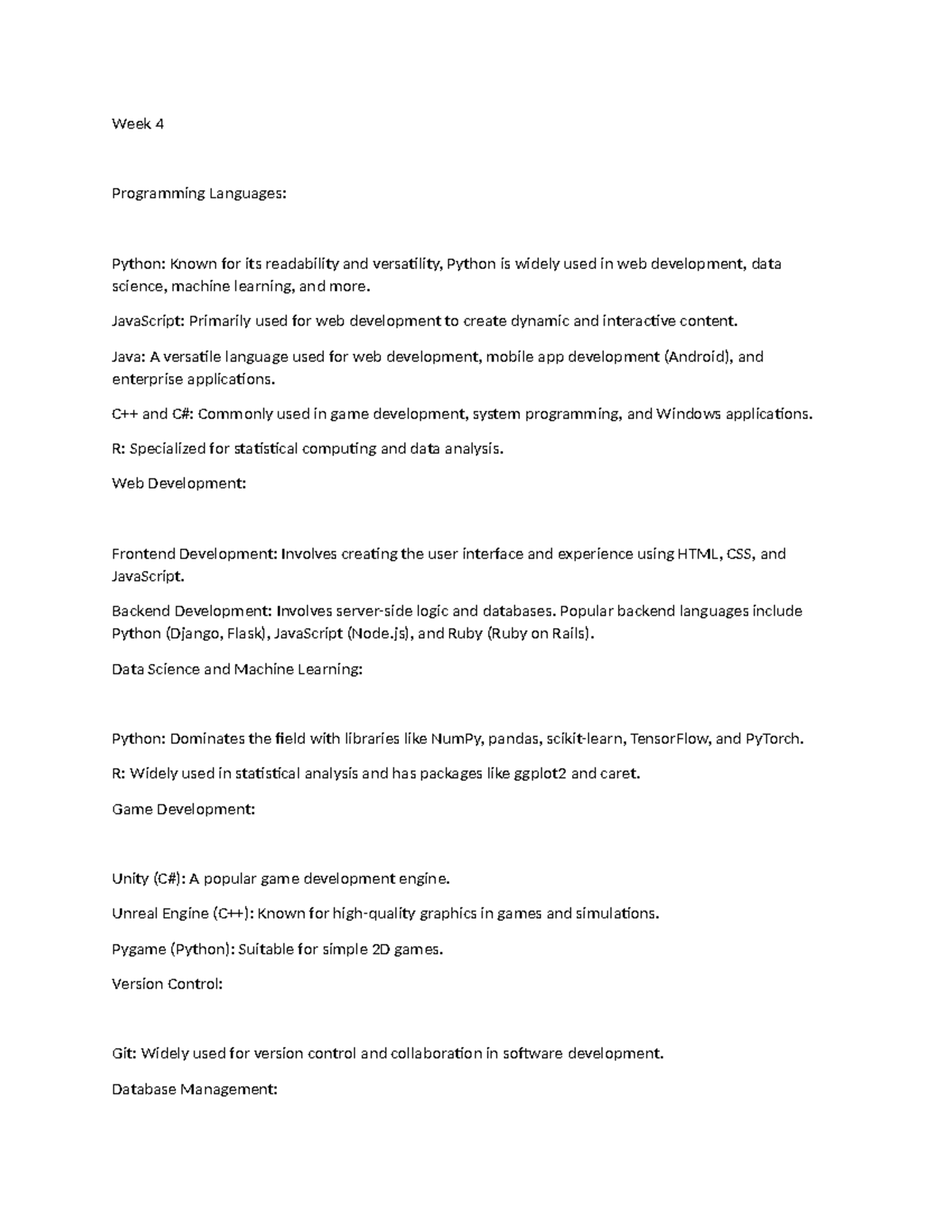 Week 4 CG - Class Notes - Week 4 Programming Languages: Python: Known ...