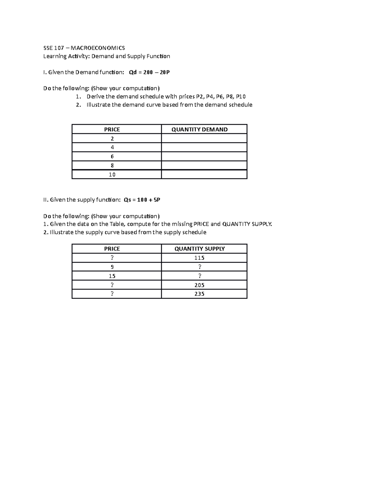 Macroeco LA Demand and Supply Functions - SSE 107 – MACROECONOMICS ...