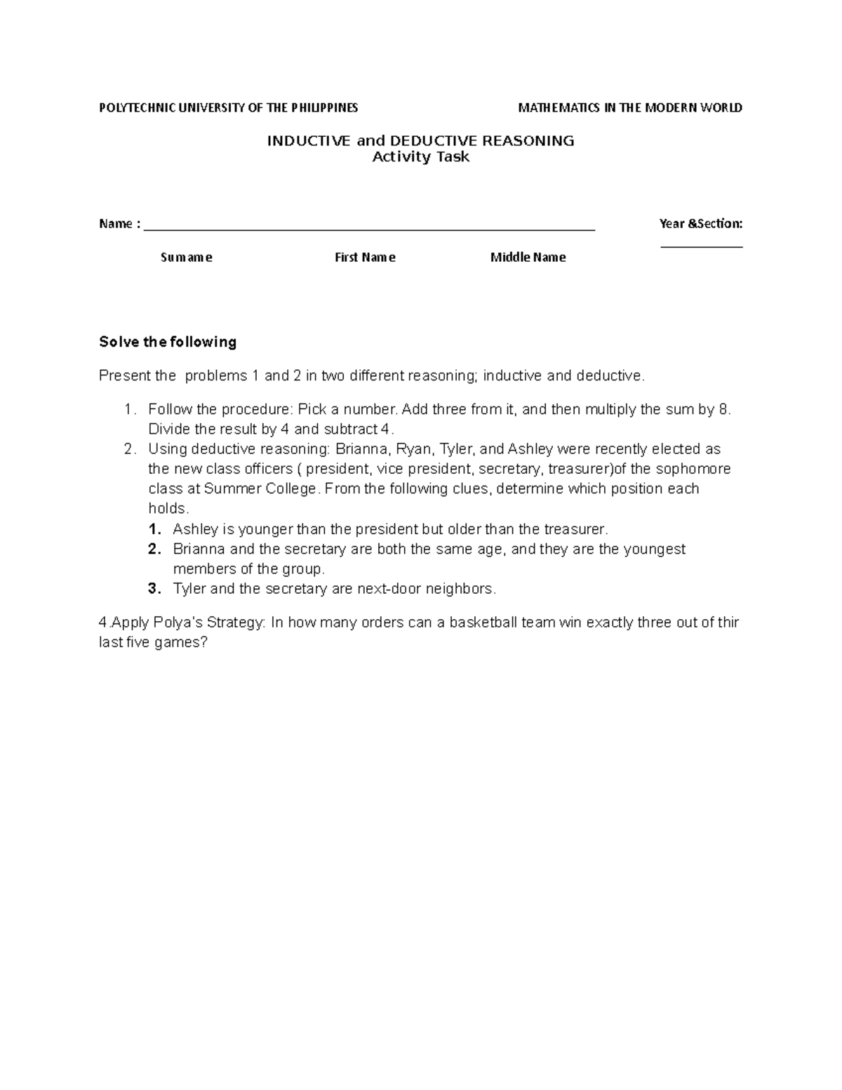 Deductive and Inductive Reasoning - POLYTECHNIC UNIVERSITY OF THE ...