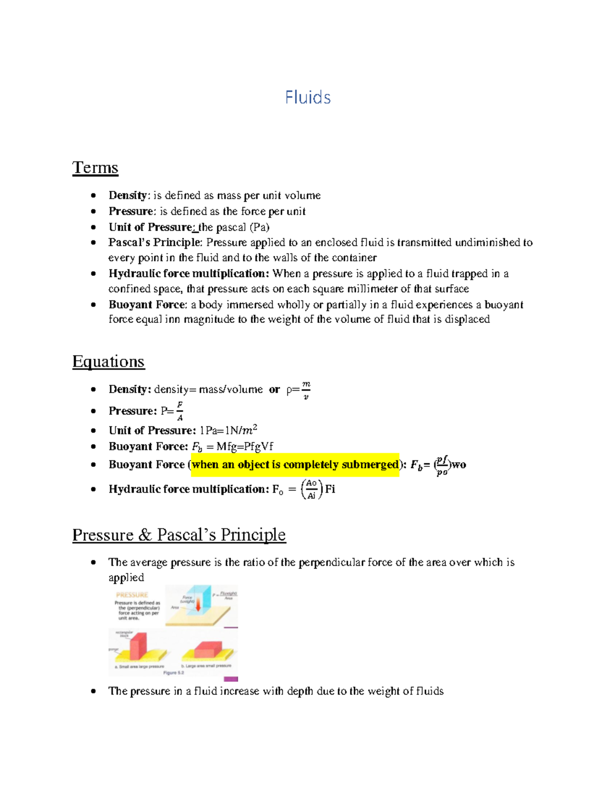 Fluid Lecture Notes - Fluids Terms Density : is defined as mass per ...