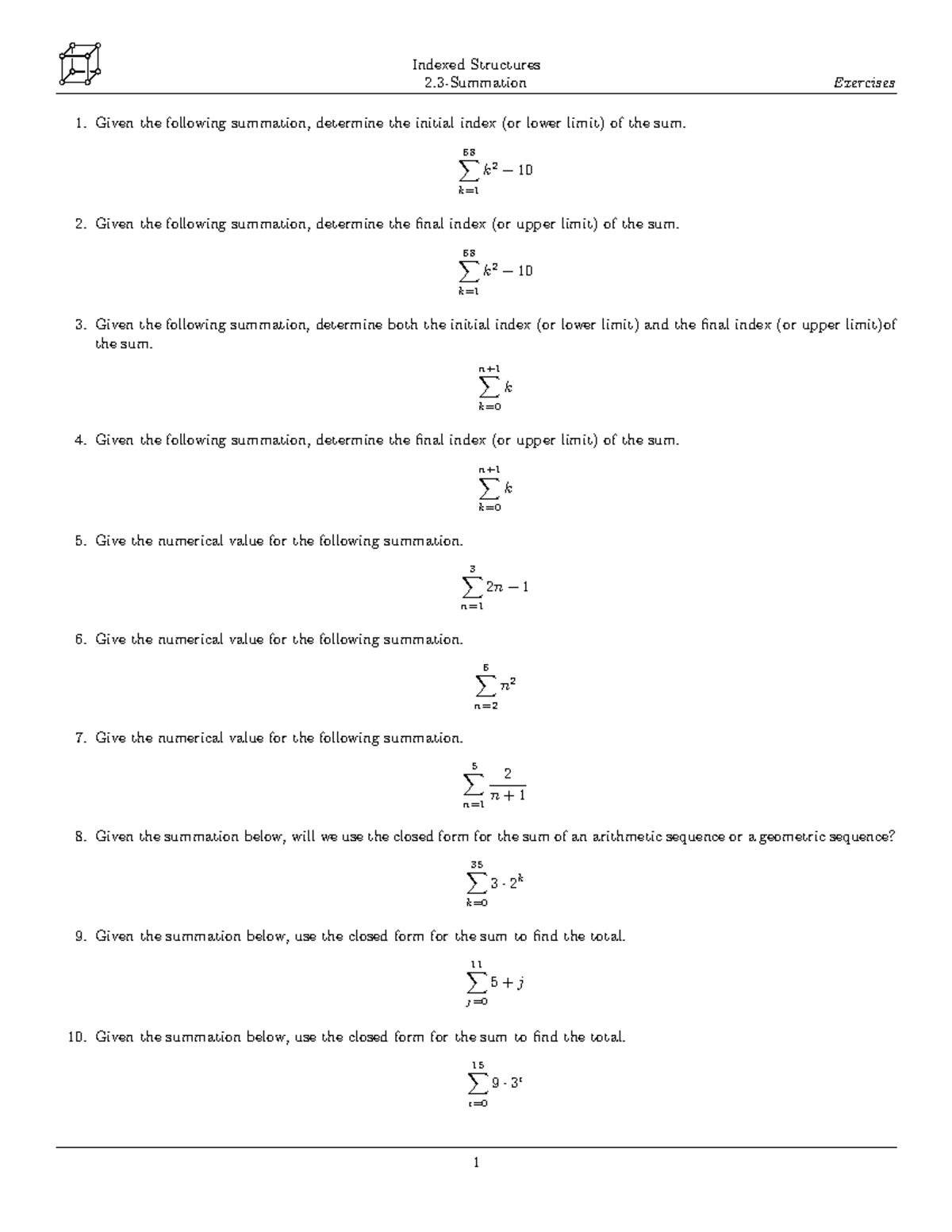 2 Summation Indexed Structures 2 Summation Exercises 1 Given The Following Summation