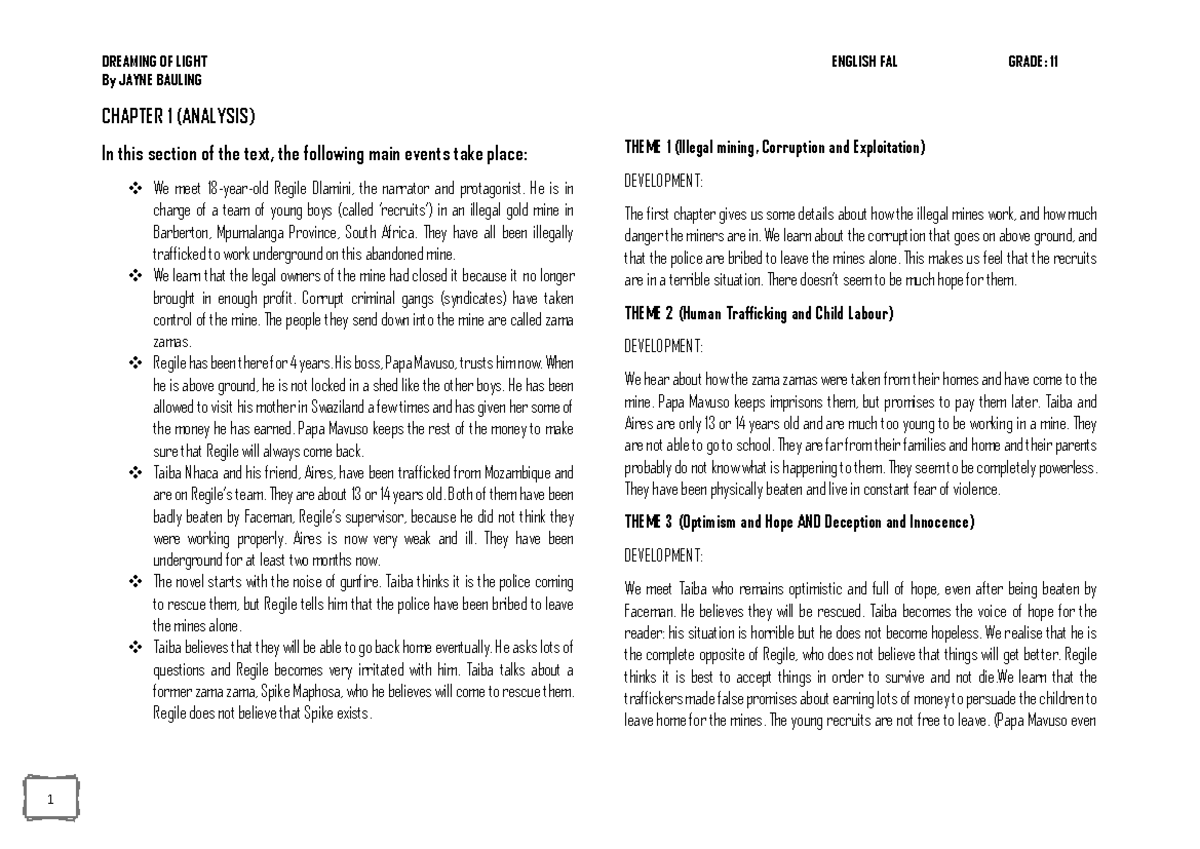 ENGL Notes - Summary Dreaming of light - By JAYNE BAULING CHAPTER 1 ...