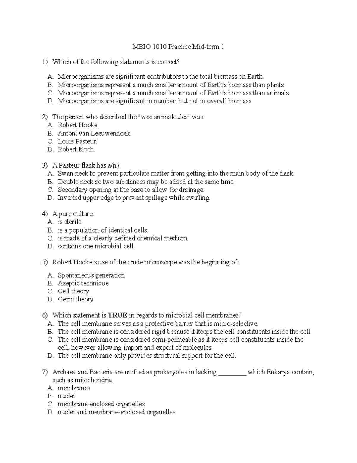 Midterm October 2019, questions - MBIO 1010 Practice Mid-term 1 Which of the following ...