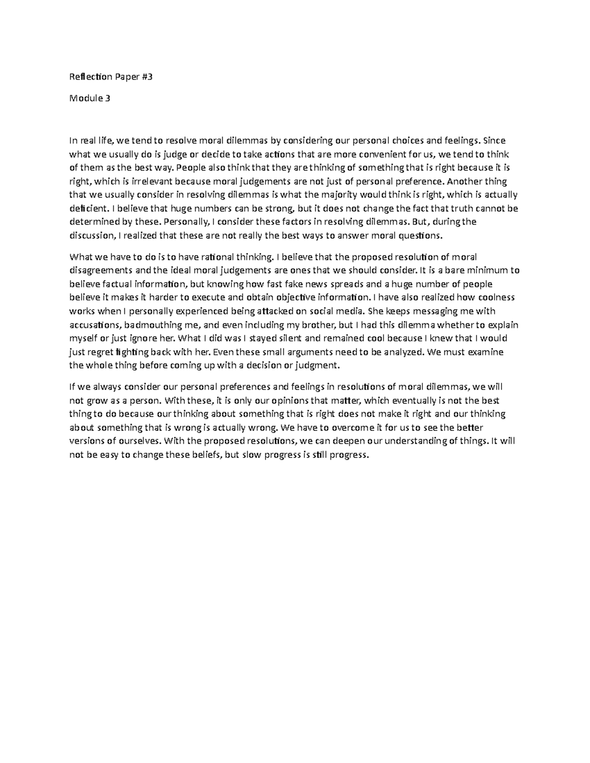 Reflection Paper - Lesson 4 - Reflection Paper # Module 3 In real life ...