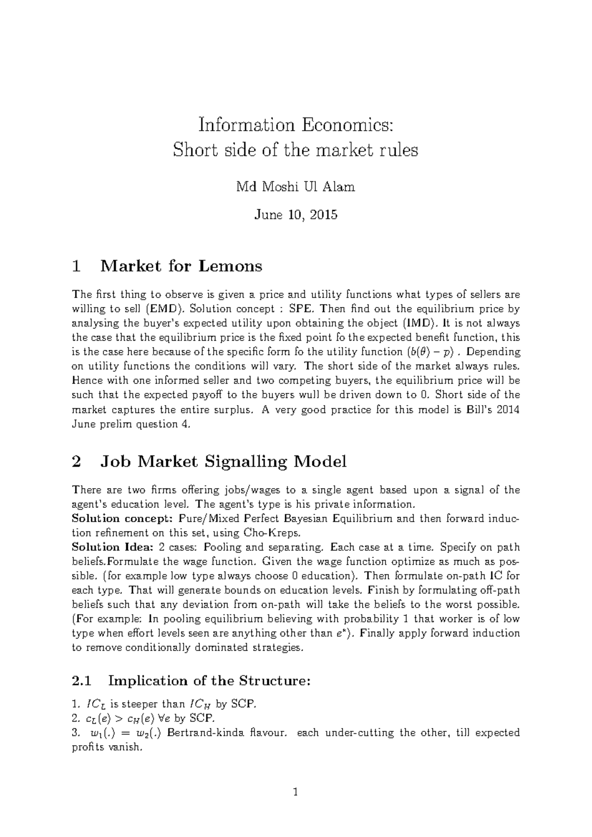 Micro Information Econ Key Concepts - Information Economics: Short side ...