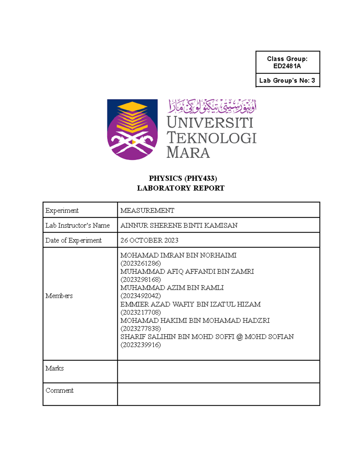 LAB Report EXP 1 measurement - Class Group: ED2481A Lab Group’s No: 3 ...