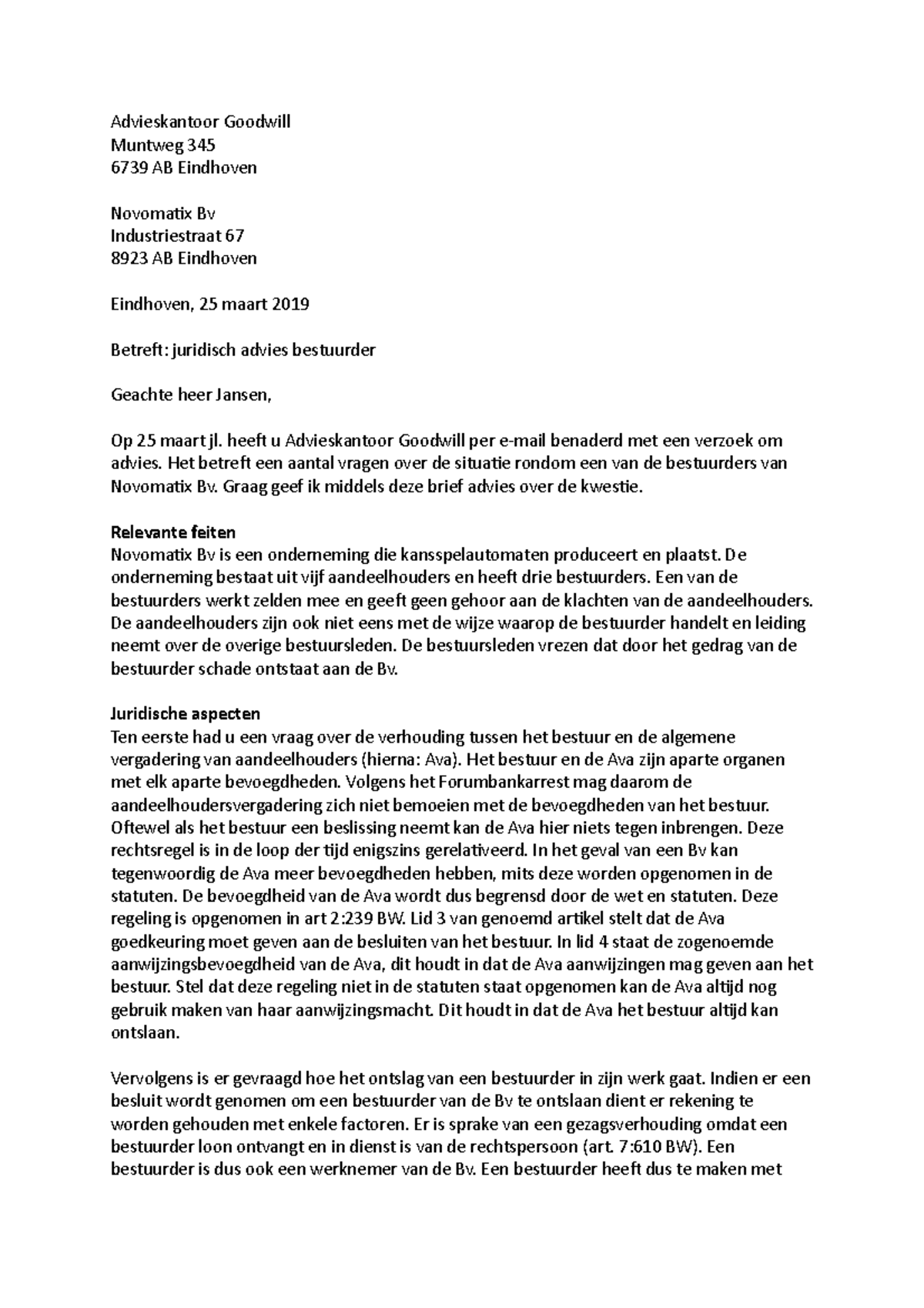 Adviesbrief Novomatix bv - Advieskantoor Goodwill Muntweg 345 6739 AB ...