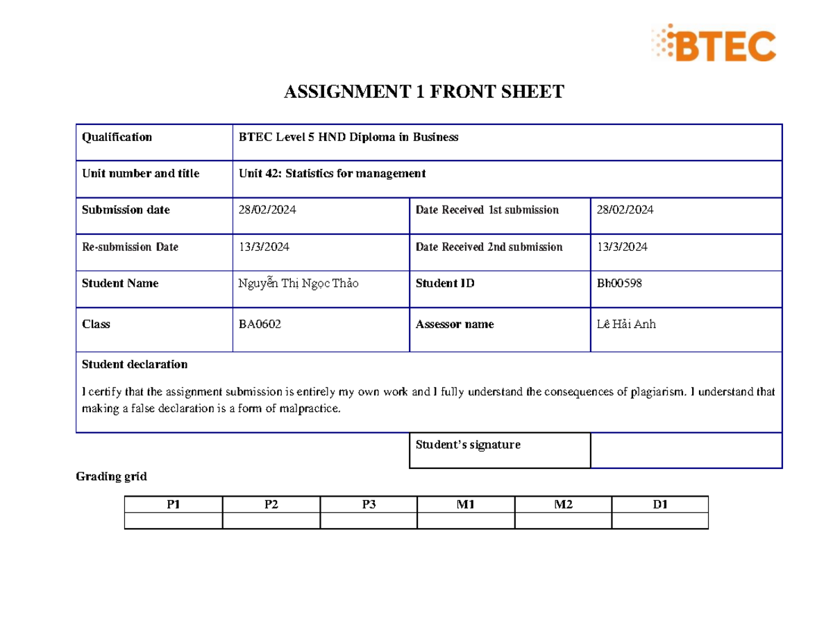 ASM1 SM 2sd NTNT - bài chỉ pass qua - ASSIGNMENT 1 FRONT SHEET Qualification BTEC Level 5 HND ...