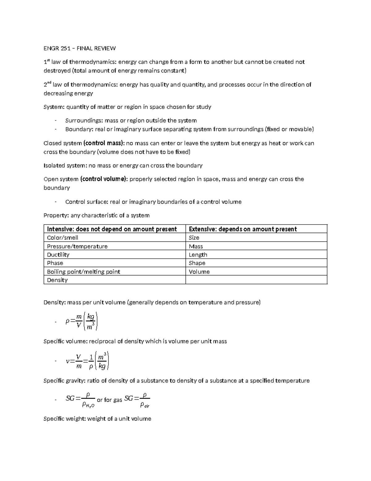 ENGR 251 - Final Review - ENGR 251 – FINAL REVIEW 1 st law of thermodynamics: energy can change ...