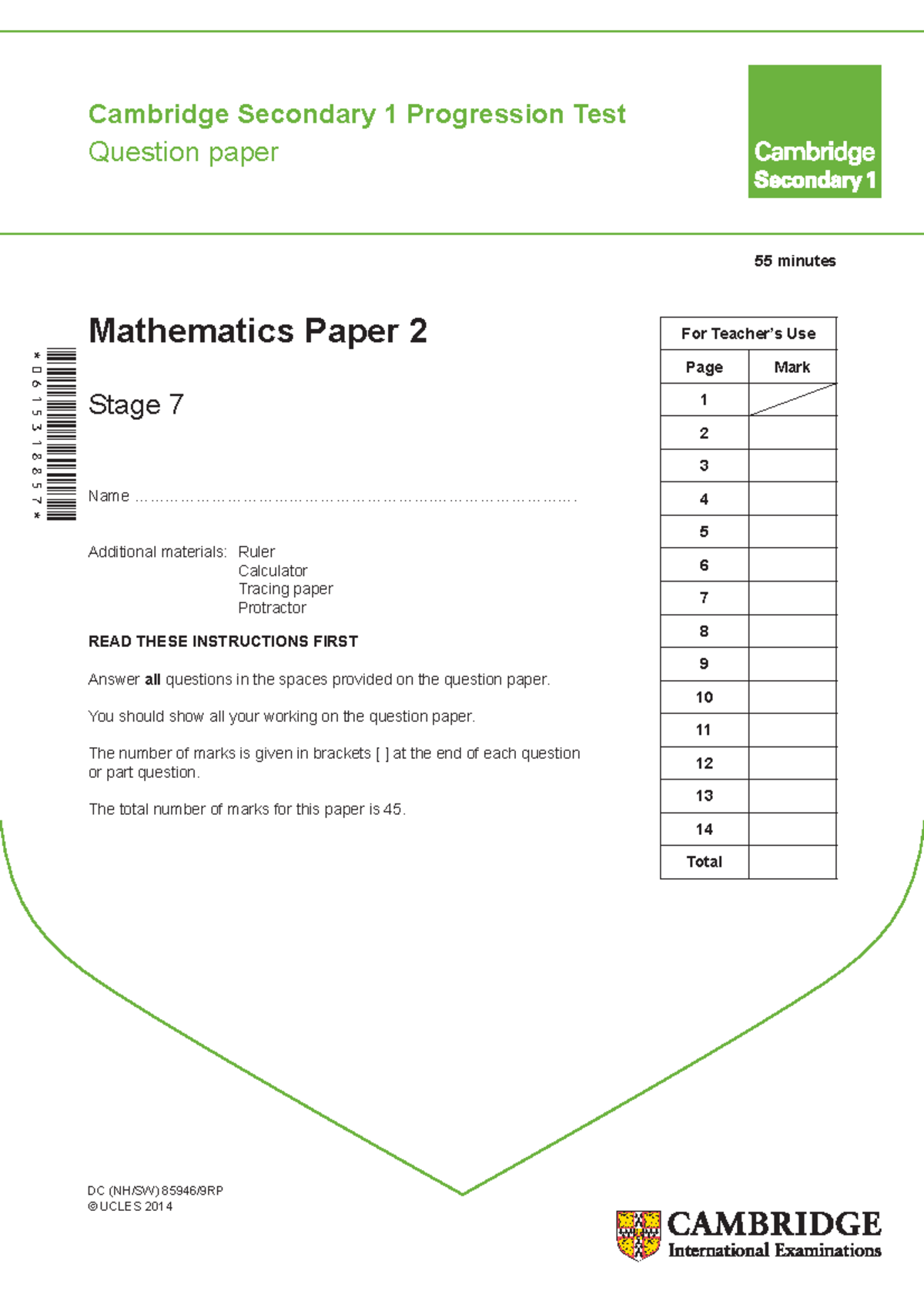 Maths Checkpoint grade 7 - DC (NH/SW) 85946/9RP© UCLES 2014 55 minutes ...