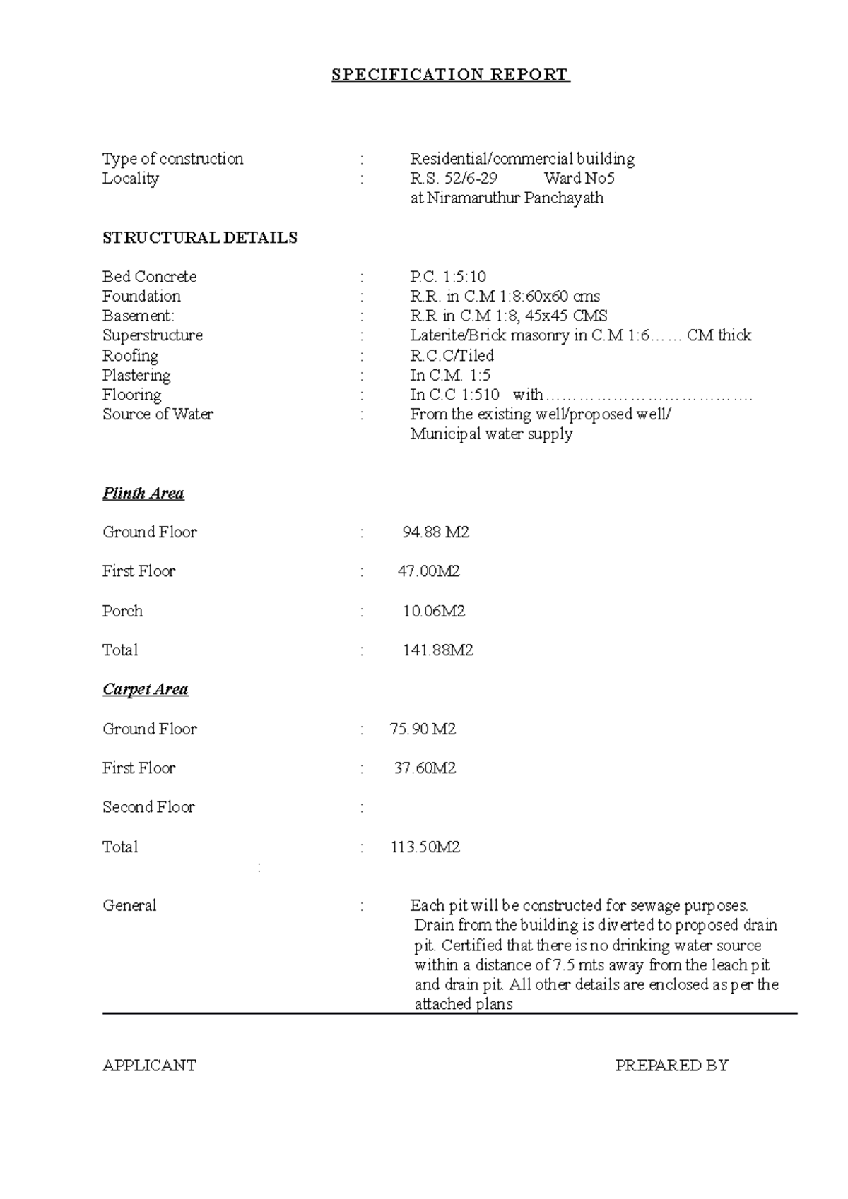 Specification report - SPECIFICATION REPORT Type of construction ...