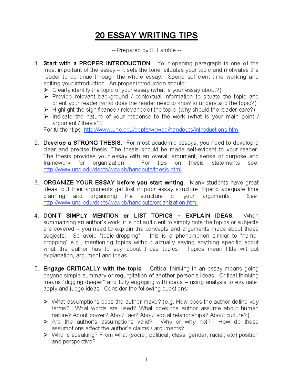 Essay Writing Tips - 20 ESSAY WRITING TIPS - Prepared by S. Lamble ...