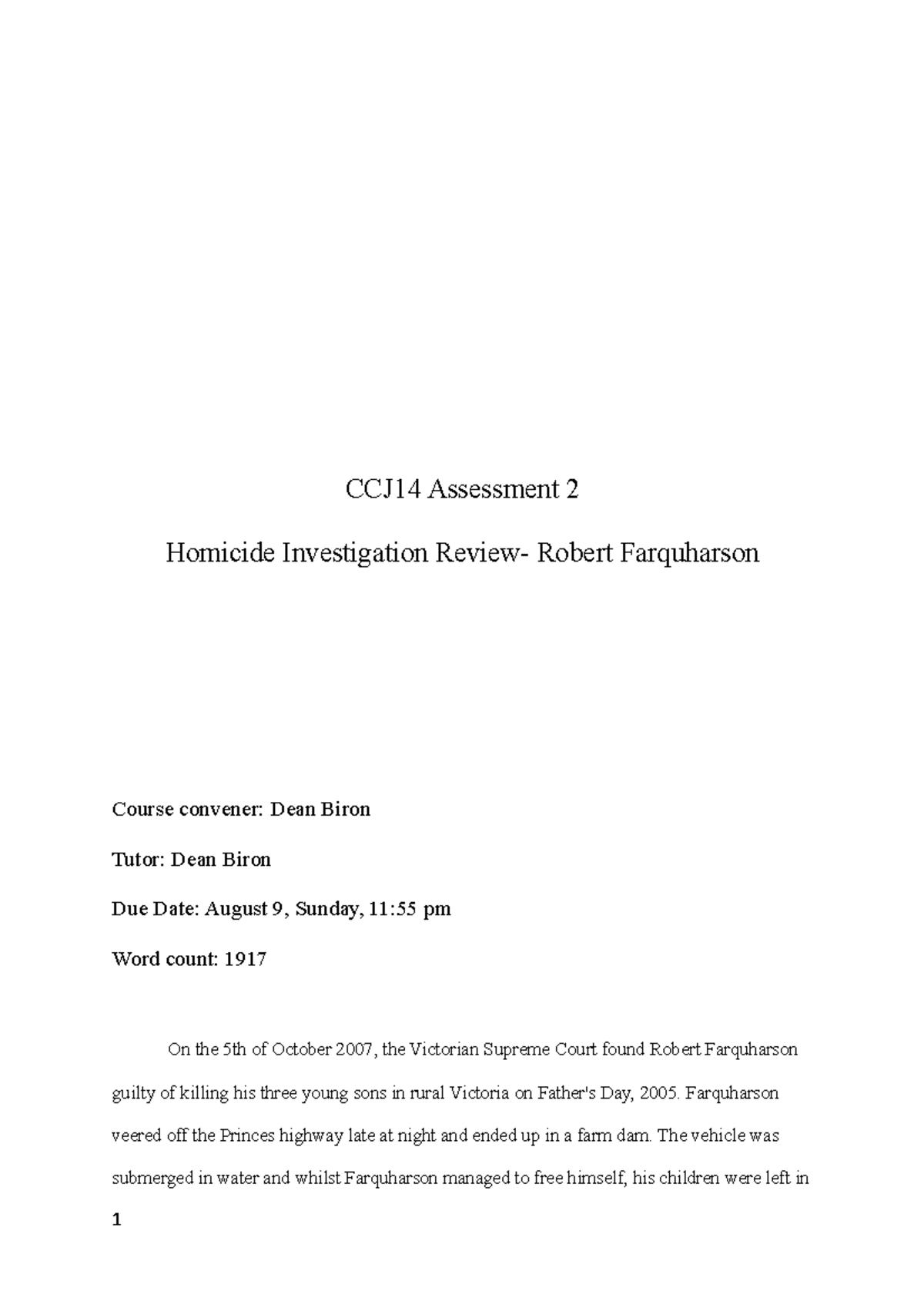 Homicide ccj114 Investigative Review 1 - CCJ14 Assessment 2 Homicide ...