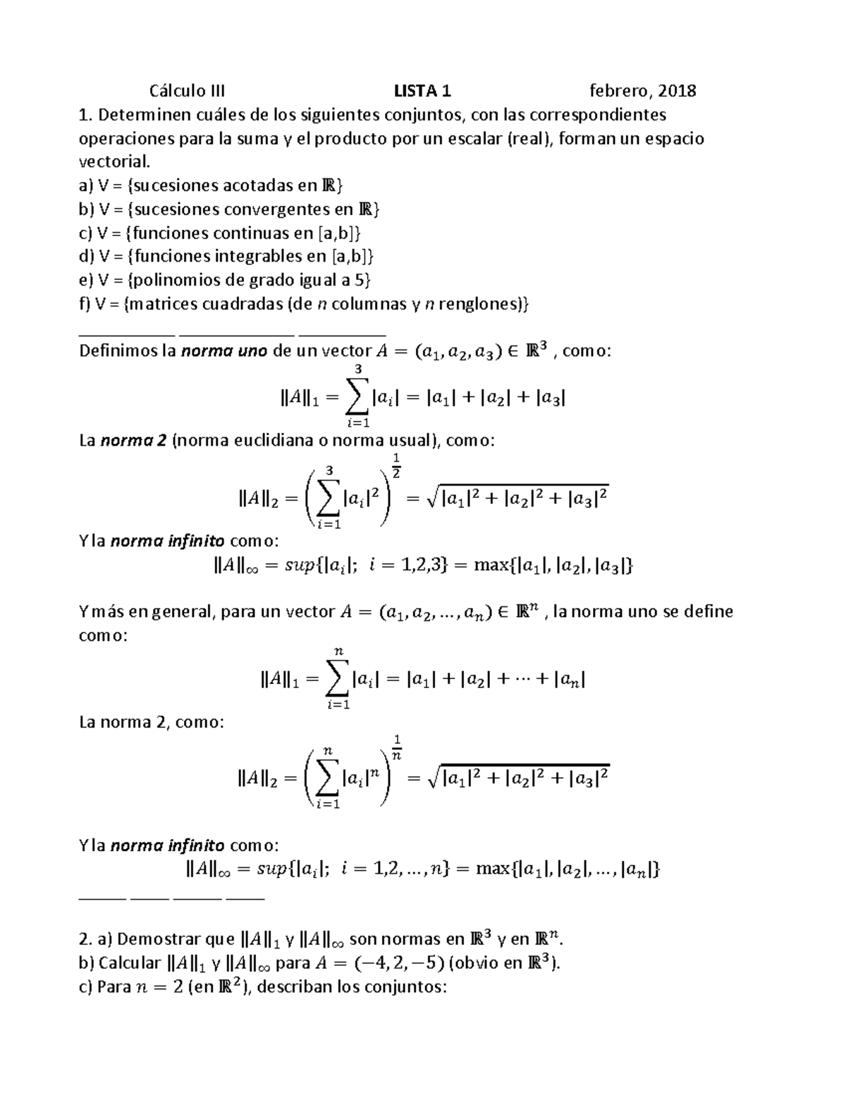 2018-2 Cálculo III 4061 Lista 1 (Rn) - Warning: TT: undefined function: 32 Warning: TT ...