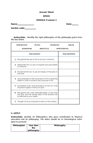 Answersheet for BPED1 M2-L1 - Answer Sheet BPED MODULE 2 Lesson 1 Name