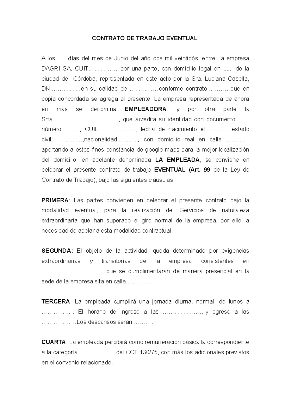 Contrato DE Trabajo Eventual - CONTRATO DE TRABAJO EVENTUAL A los ...