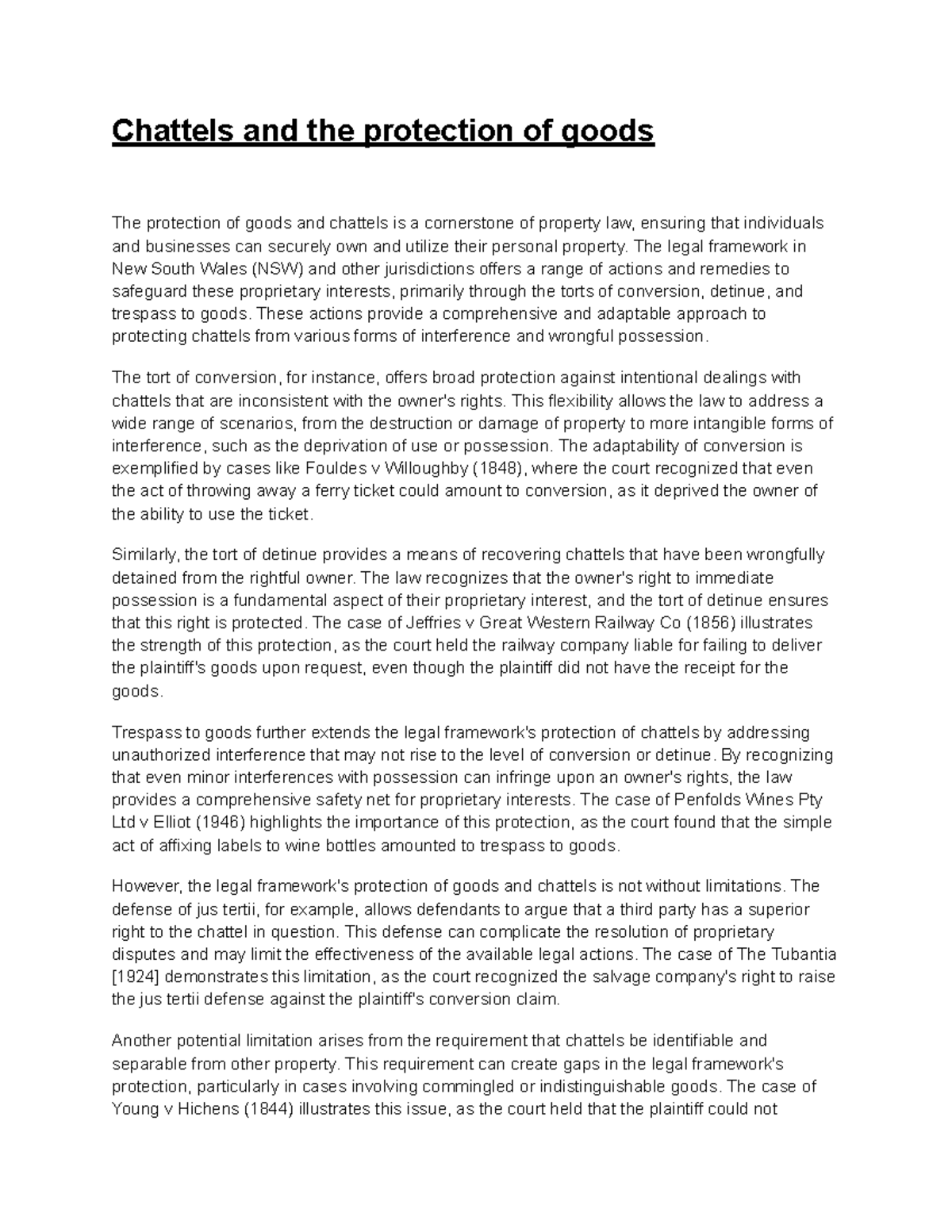 AI practice paper - Chattels and the protection of goods The protection ...