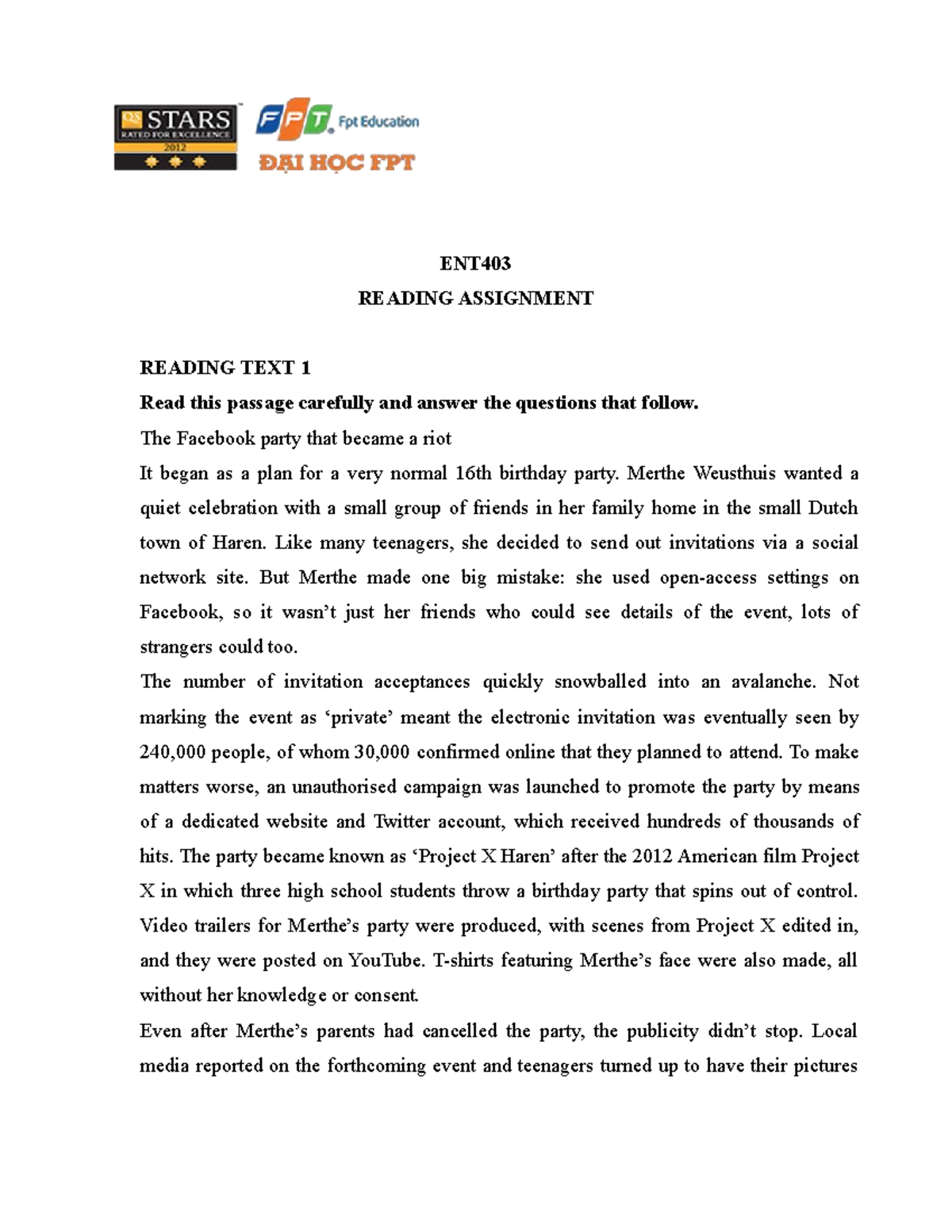 ENT403 Reading assignment - ENT READING ASSIGNMENT READING TEXT 1 Read this passage carefully ...