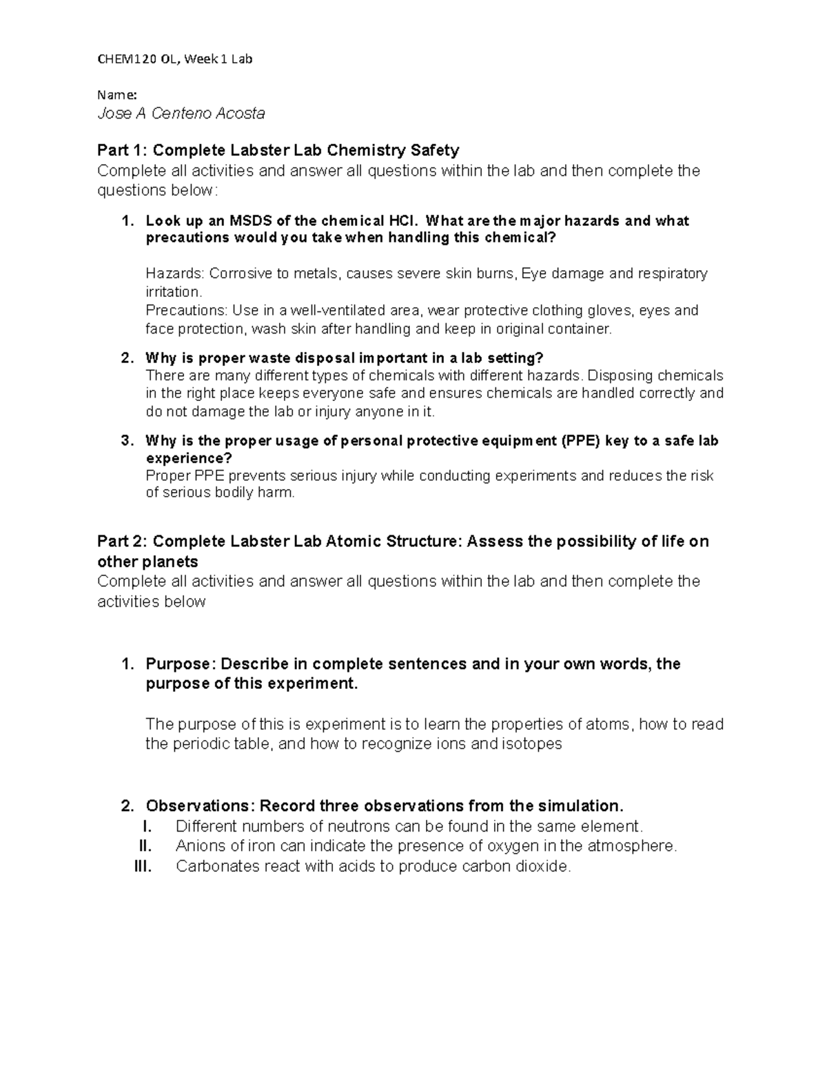 Wk. 1 CHEM120 Lab report Jan. 14 - CHEM120 OL, Week 1 Lab Name: Jose A Centeno Acosta Part 1 ...
