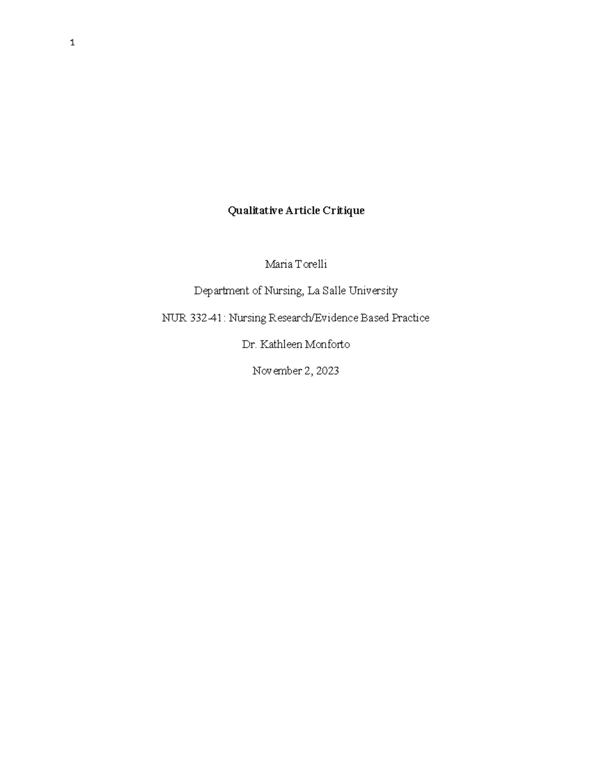 Qualitative Article Critique - Kathleen Monforto November 2, 2023 ...