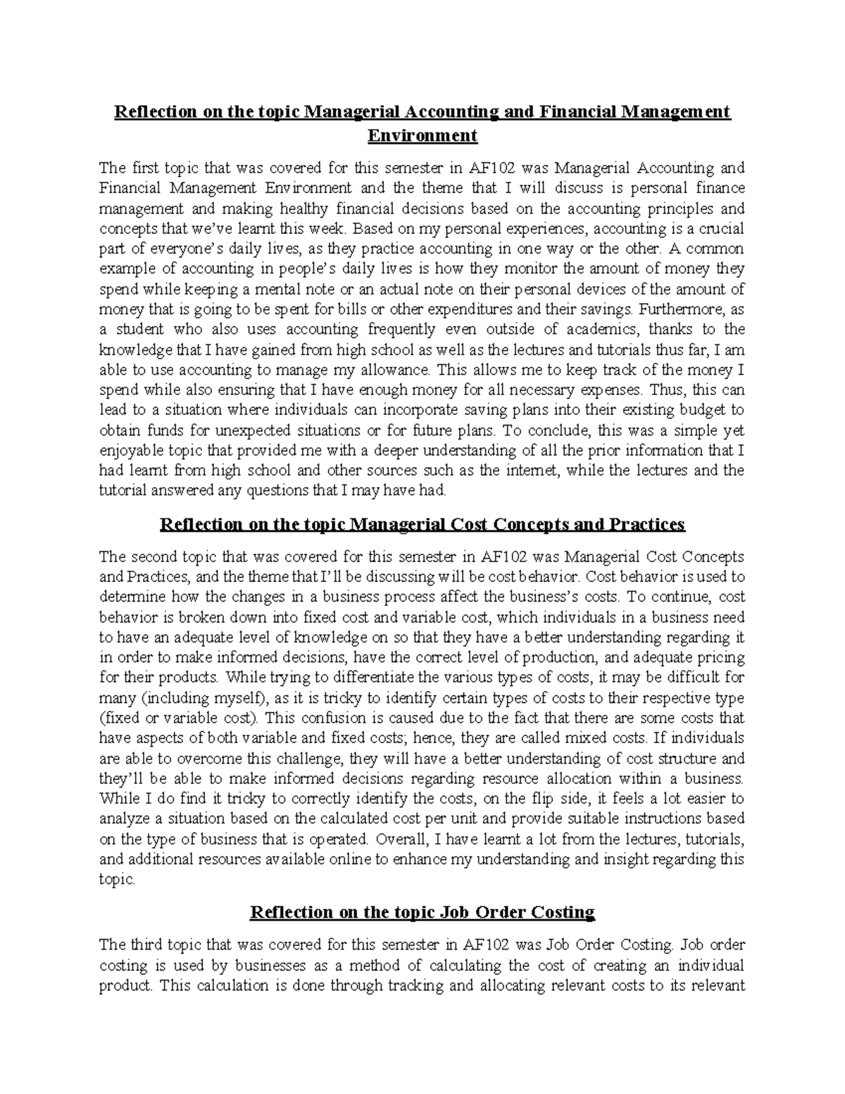 Reflective Summary AF102 - Reflection on the topic Managerial ...