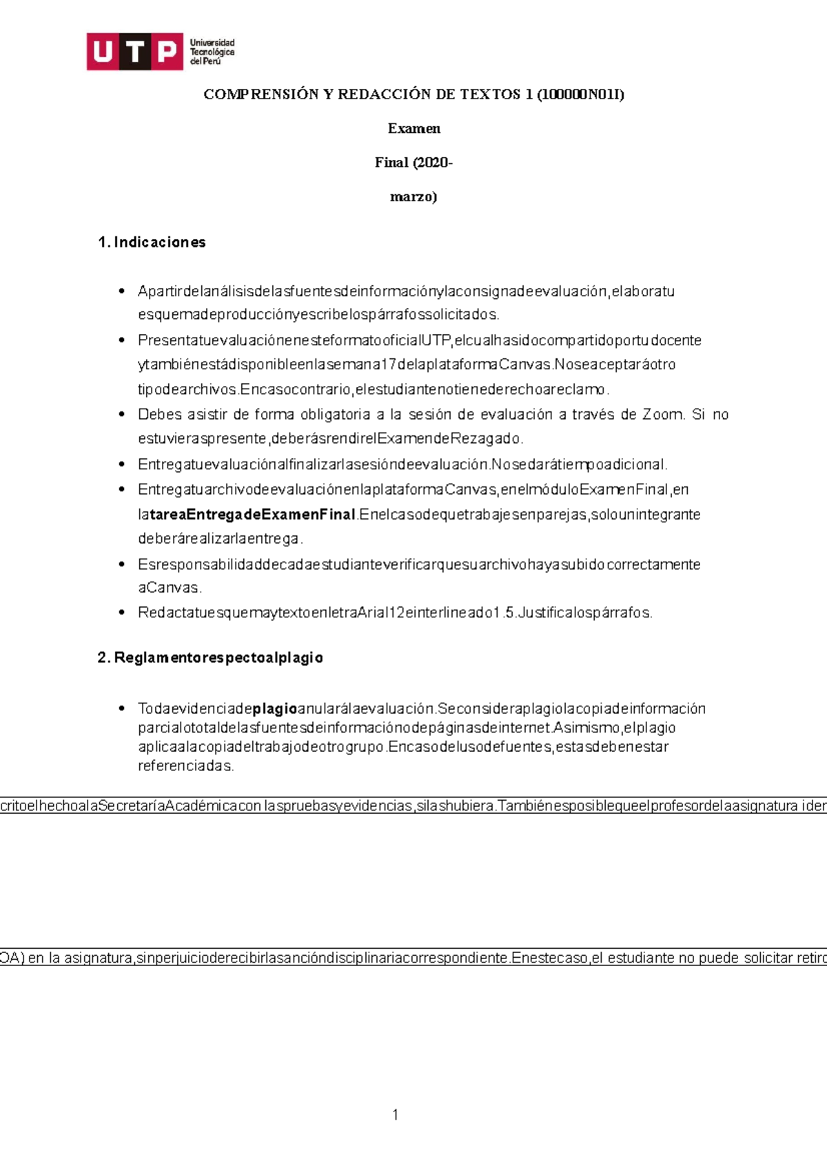 100000 N01I Comprensión Y Redacción DE Textos 1- Examen Final (Formato oficial UTP) - Studocu