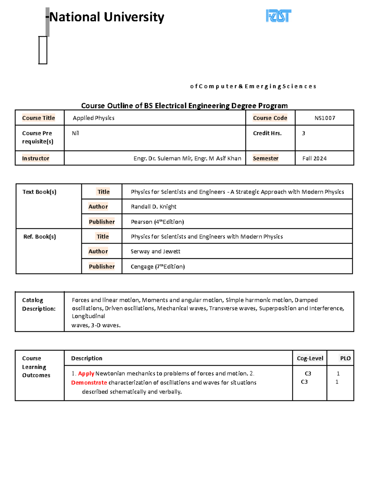 Course Outline - 3 Instructor Engr. Dr. Suleman Mir, Engr. M Asif Khan Semester Fall 2024 Text ...