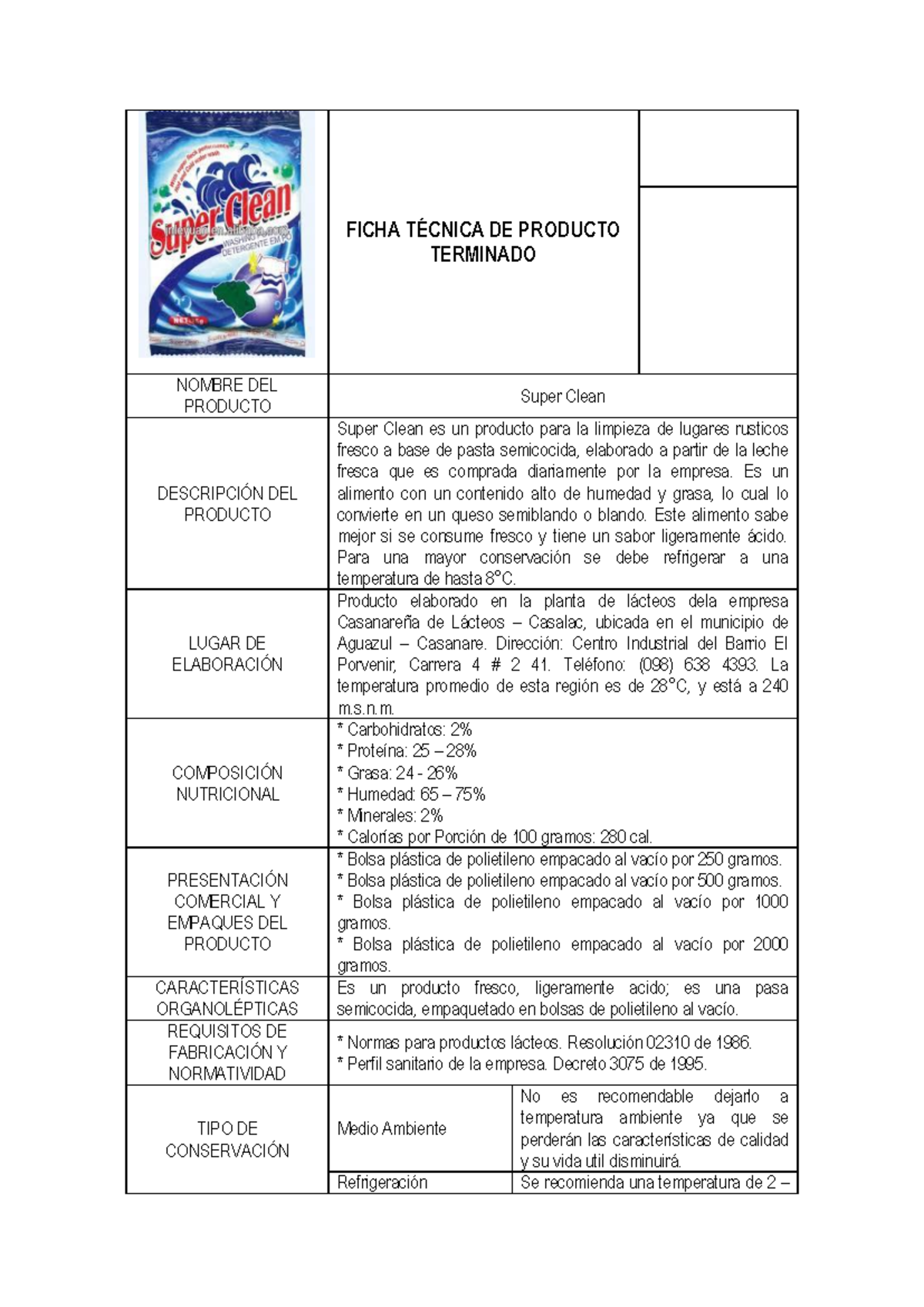 Ficha Técnica DE Producto Terminado - FICHA TÉCNICA DE PRODUCTO ...