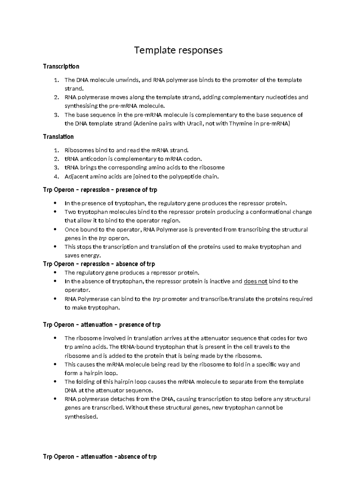 Template responses - Template responses Transcription 1. The DNA ...
