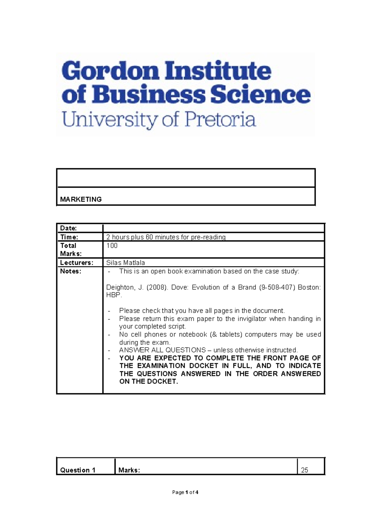 Dove Exam and Memo (1) - Dove exam and memo - MARKETING Date: Time: 2 ...