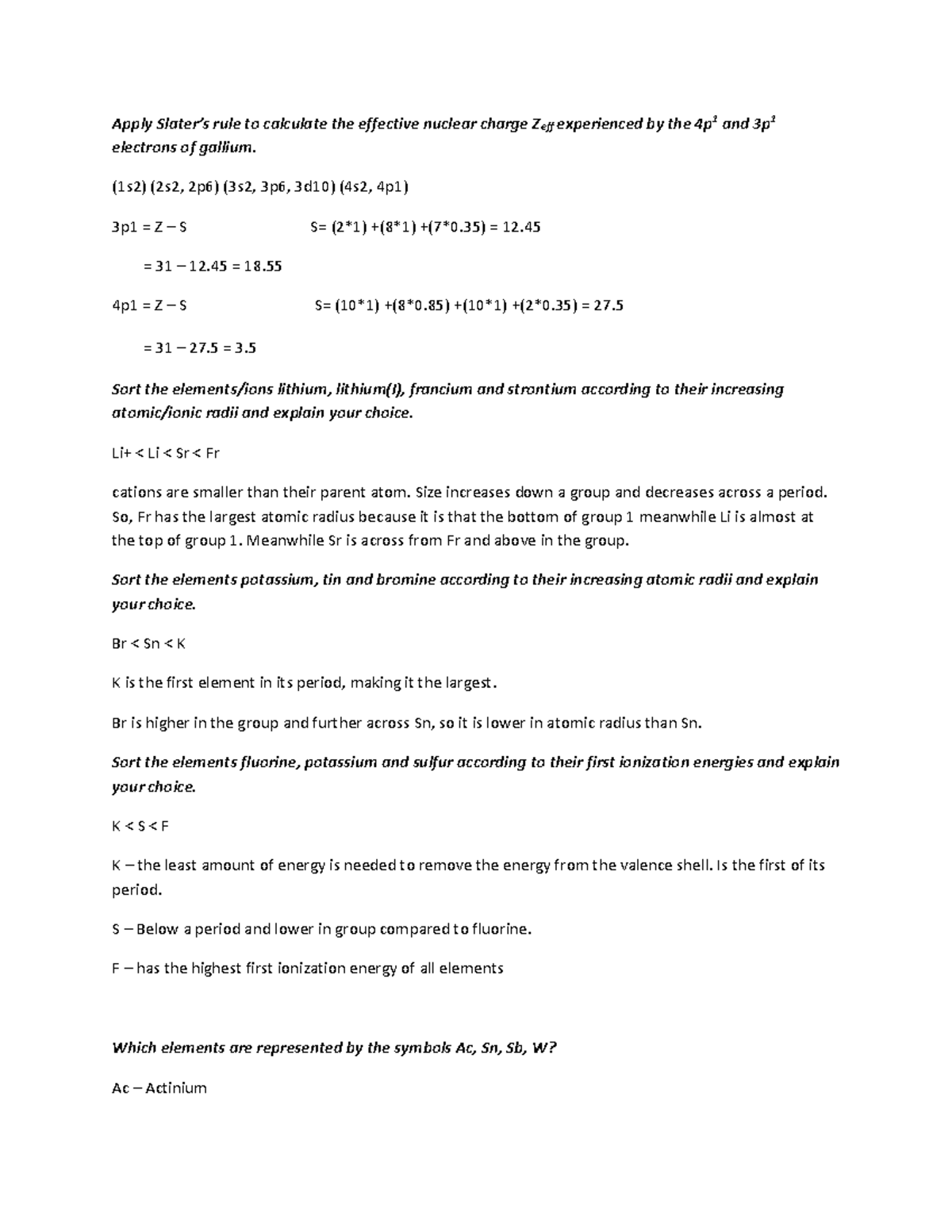 Tutorial 2 - week 4 - helpful tips - Apply Slater’s rule to calculate ...