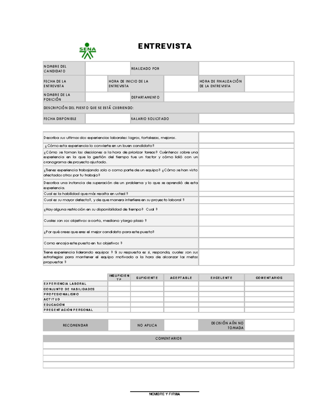 Modelo entrevista laboral - NOMBRE DEL CANDIDATO FECHA DE LA ENTREVISTA ...