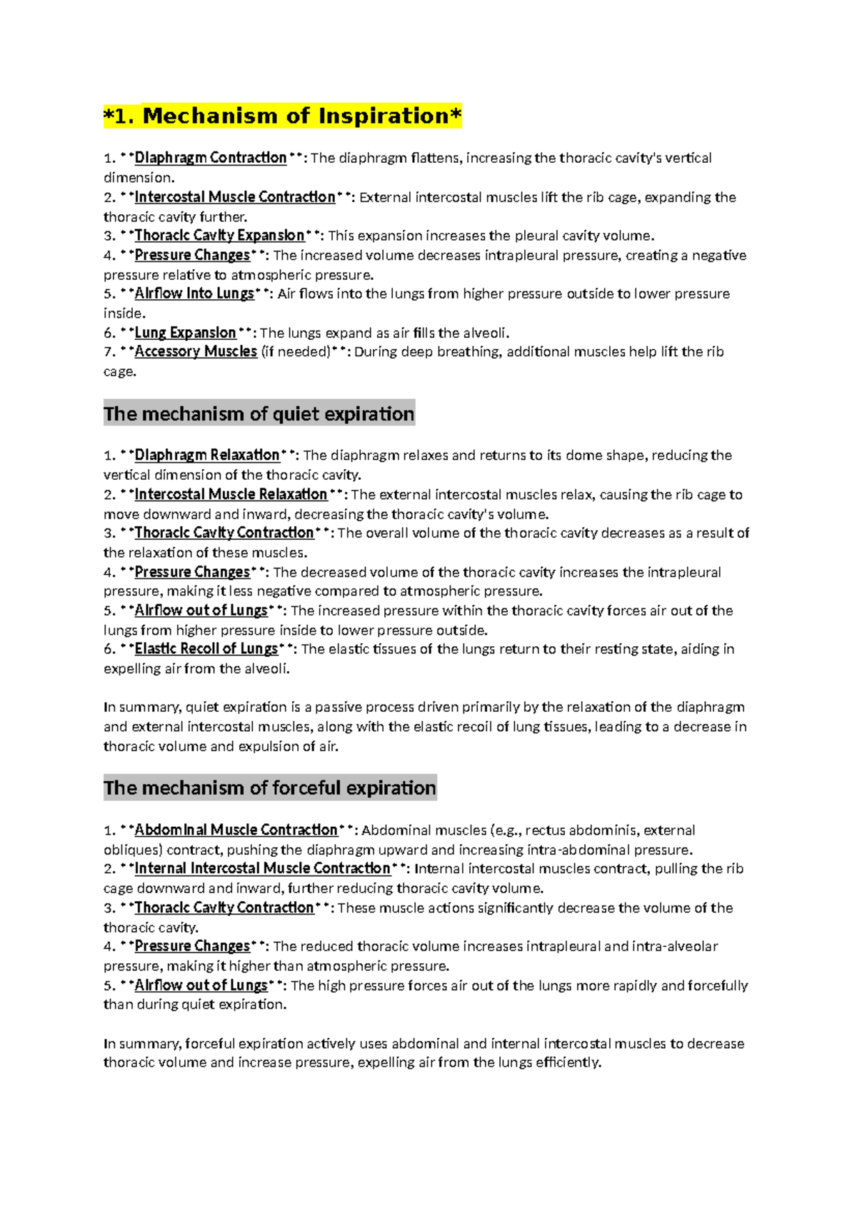 Physiology - SMU - 1. Mechanism of Inspiration Diaphragm Contraction ...